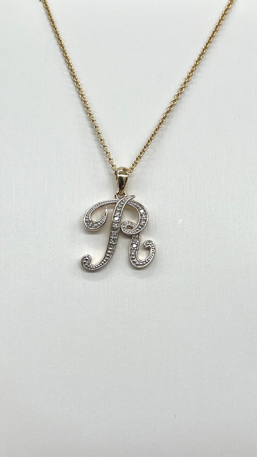 R Initial Gold Pendant, 10K Gold Diamond Script Initial Necklace ...