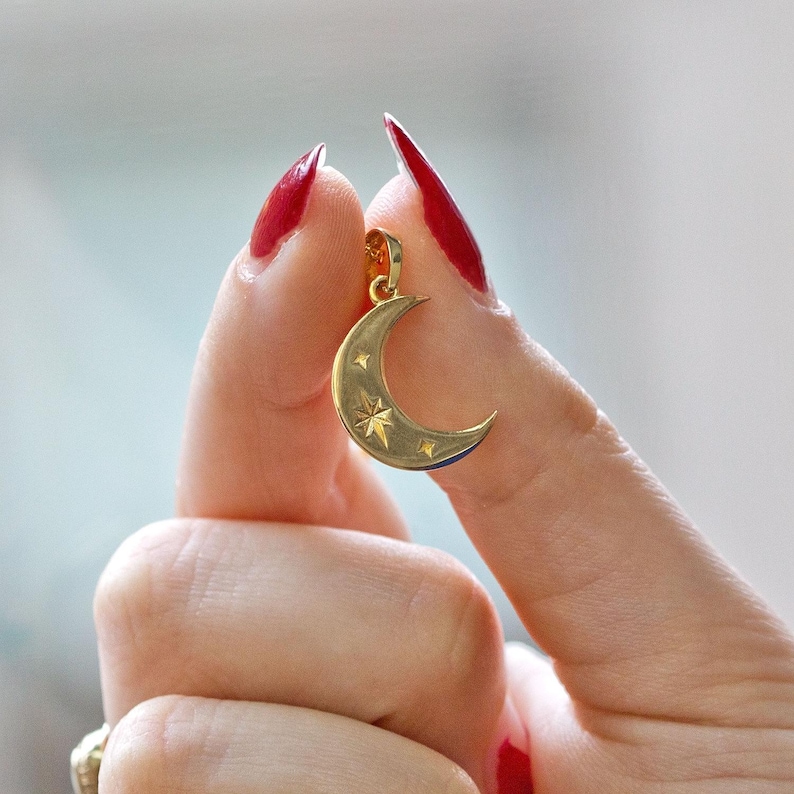 Crescent Moon Gold Necklace, 10K Solid Gold Celestial Pendant, Dainty ...