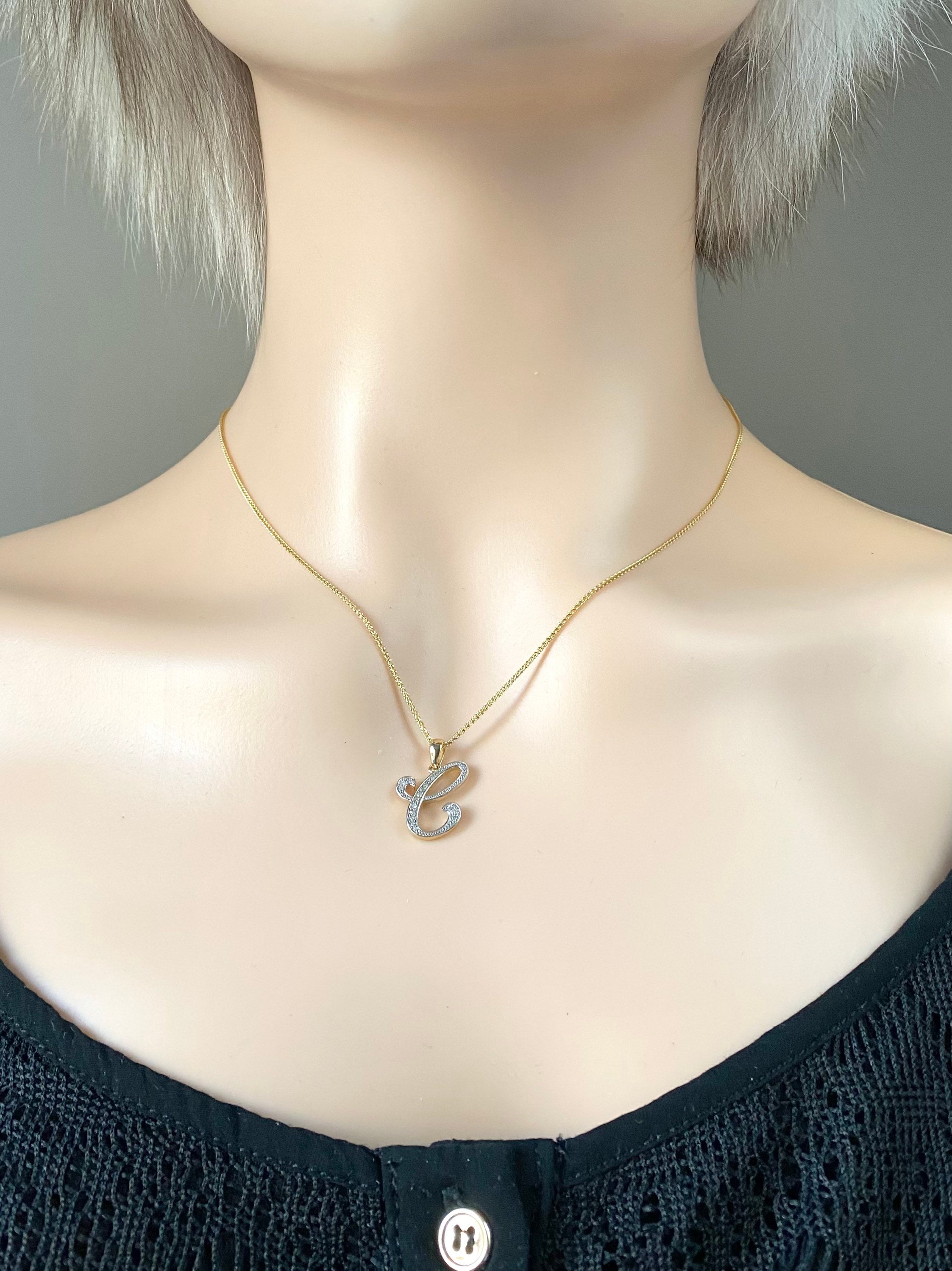 C Initial Pendant 10K Gold Diamond Script Initial Necklace | Etsy