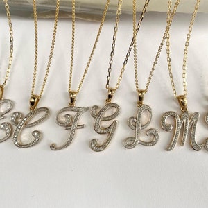 J Initial Pendant 10K Gold Diamond Script Initial Necklace - Etsy
