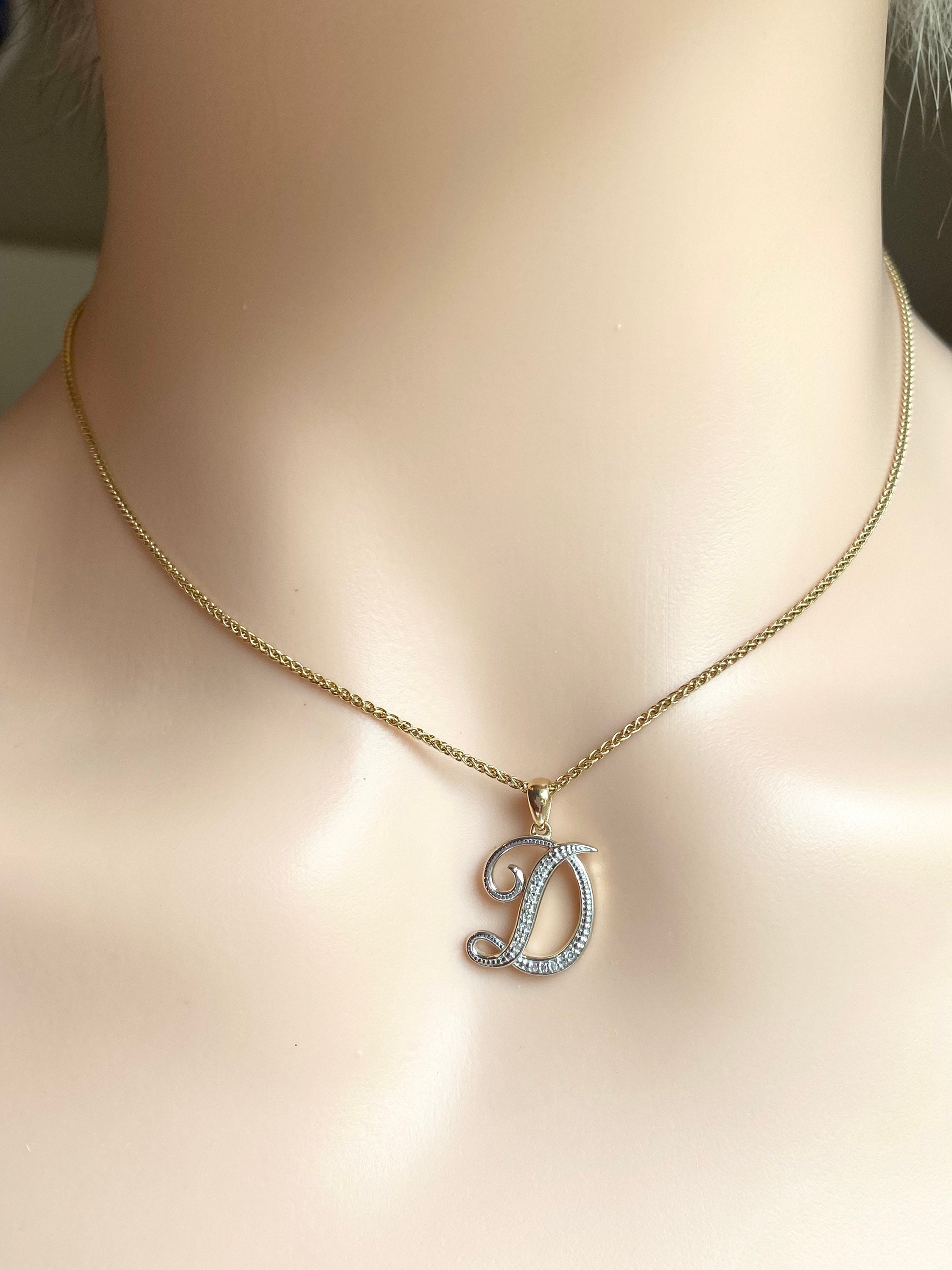 D Initial Pendant, 10K Gold Diamond Script Initial Necklace ...