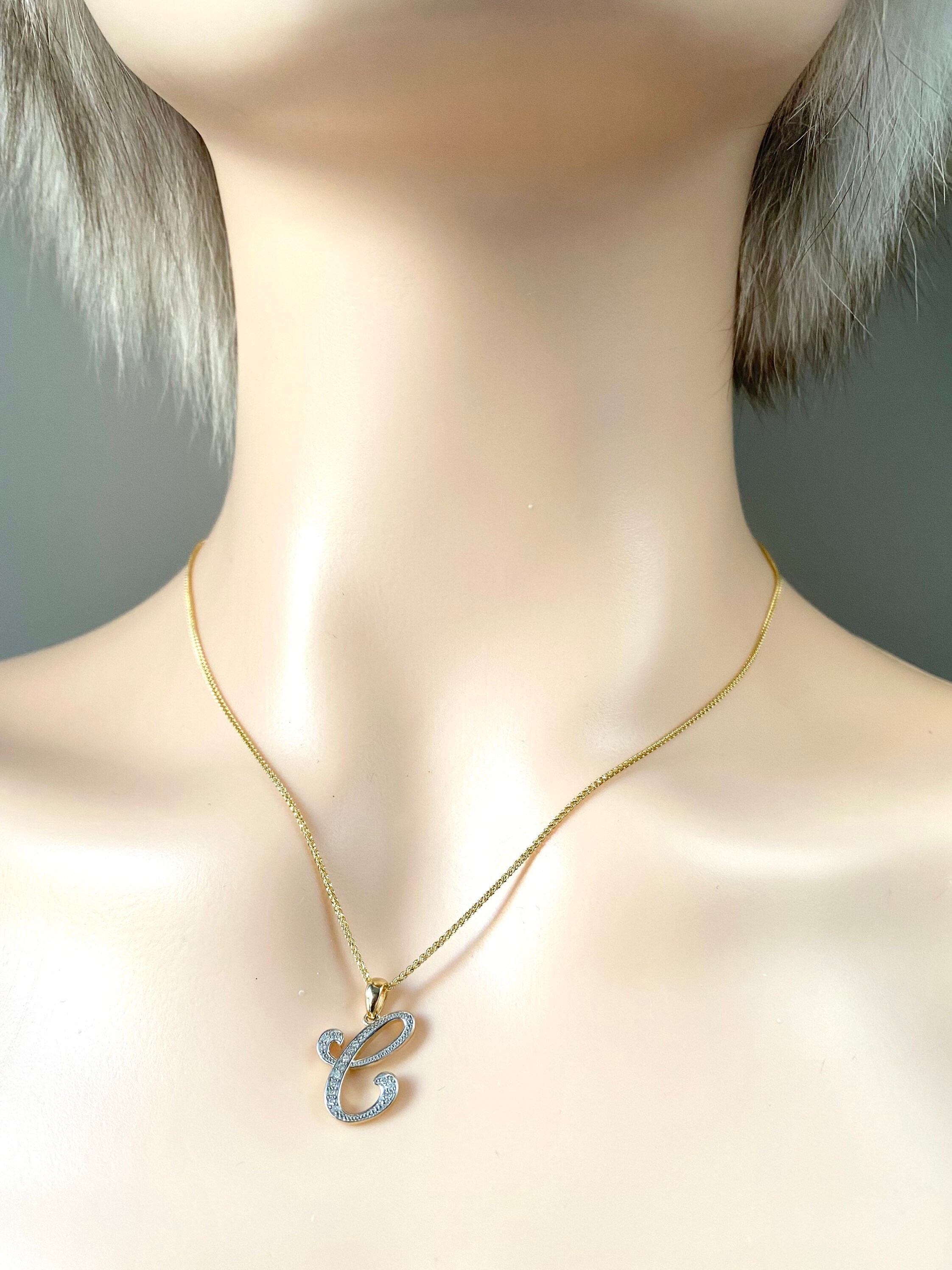 C Initial Pendant 10K Gold Diamond Script Initial Necklace - Etsy
