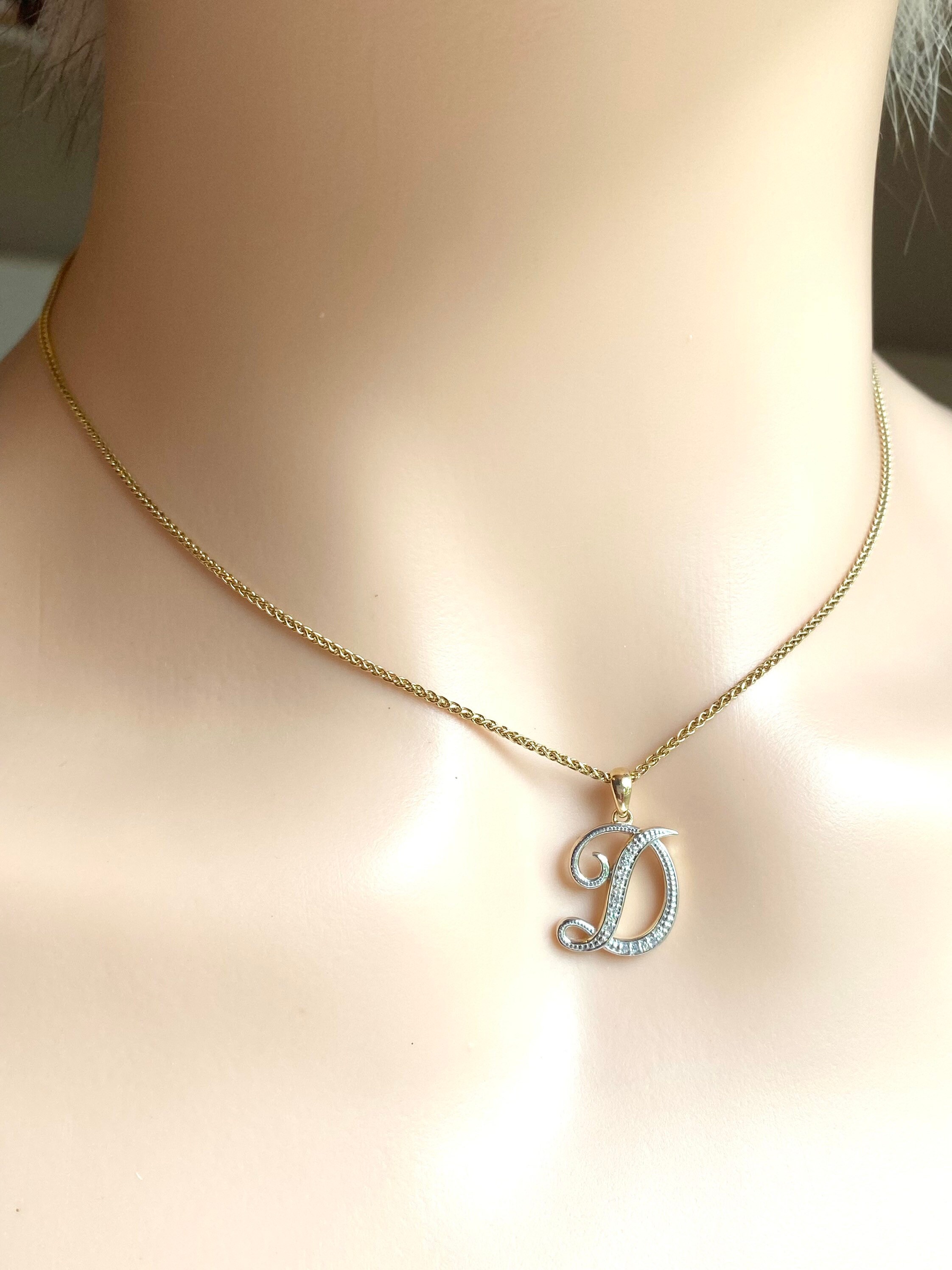D Initial Pendant 10K Gold Diamond Script Initial Necklace - Etsy