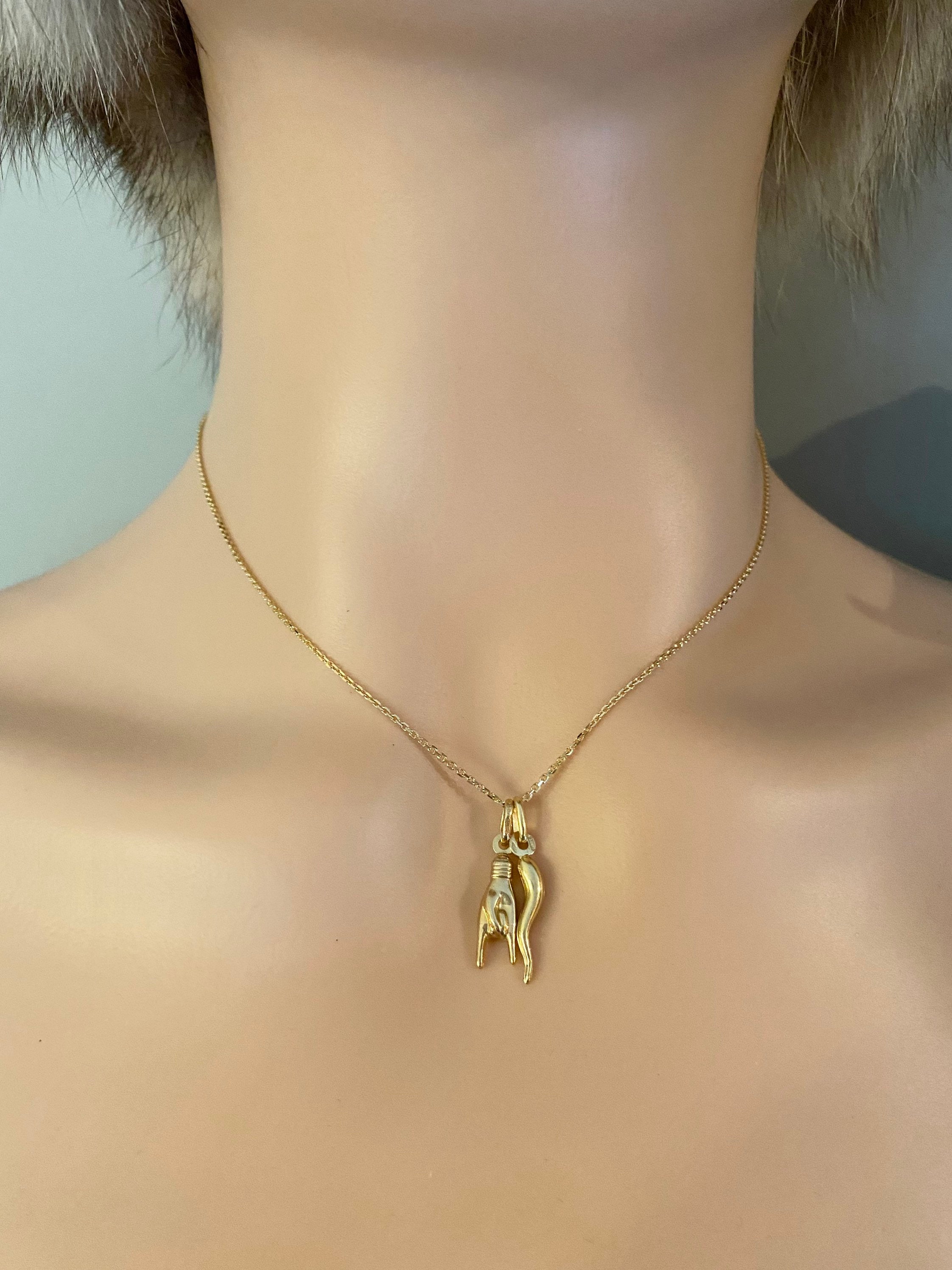 Gold Hand Charm , 14K Solid Gold Mano Cornuto Pendant, Good Luck Charm ...