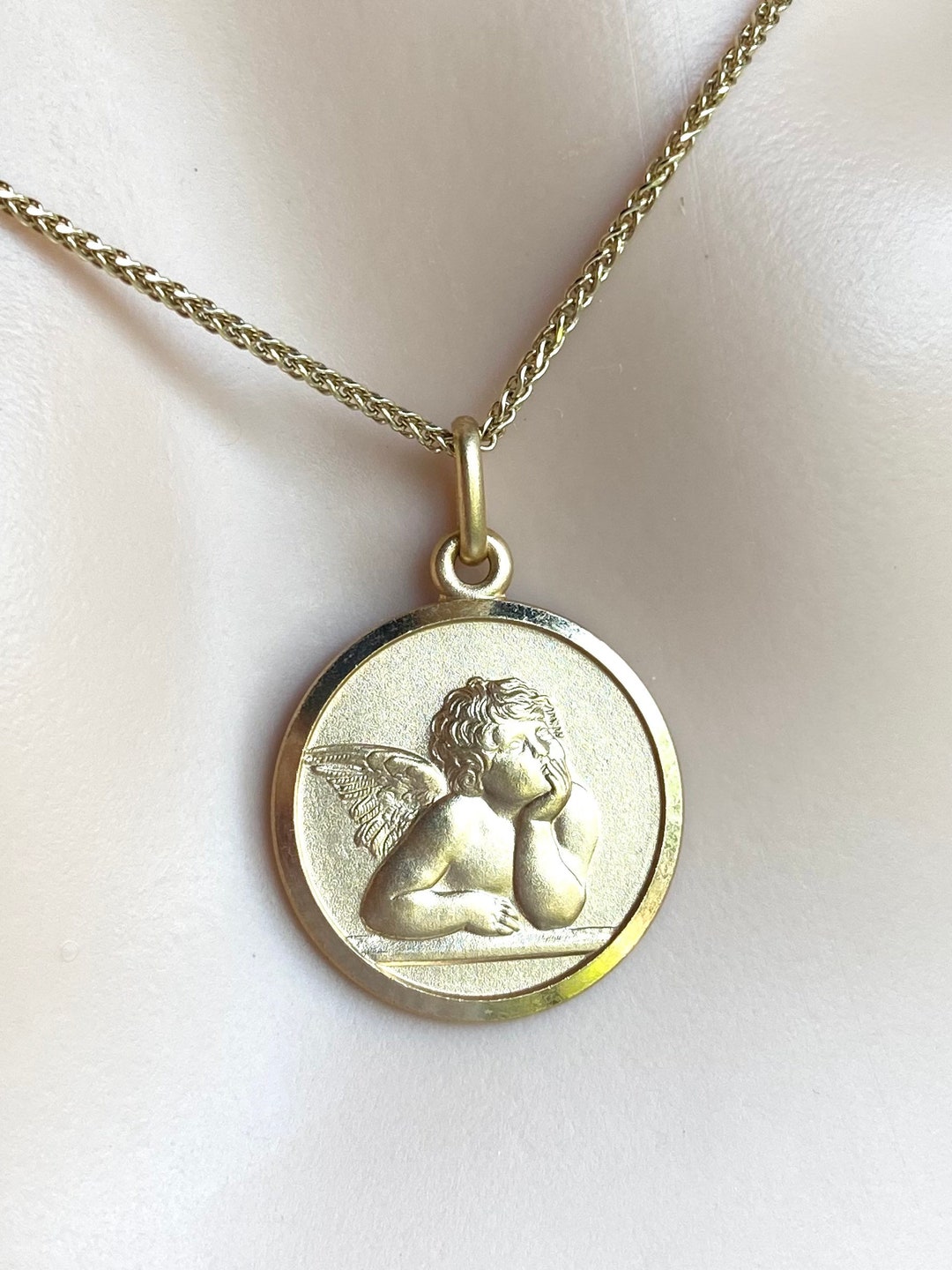 Guardian Angel Gold Pendant, 18MM 18K Solid Gold Angel Necklace, 3D ...