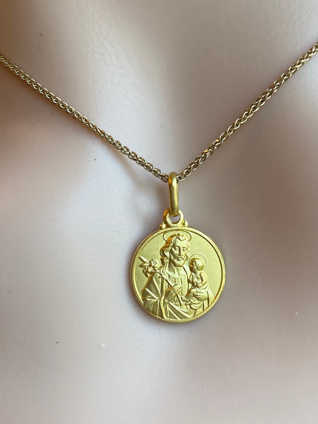 Saint Joseph Pendant, 14MM, 18K Solid Gold Necklace , Father of Jesus ...