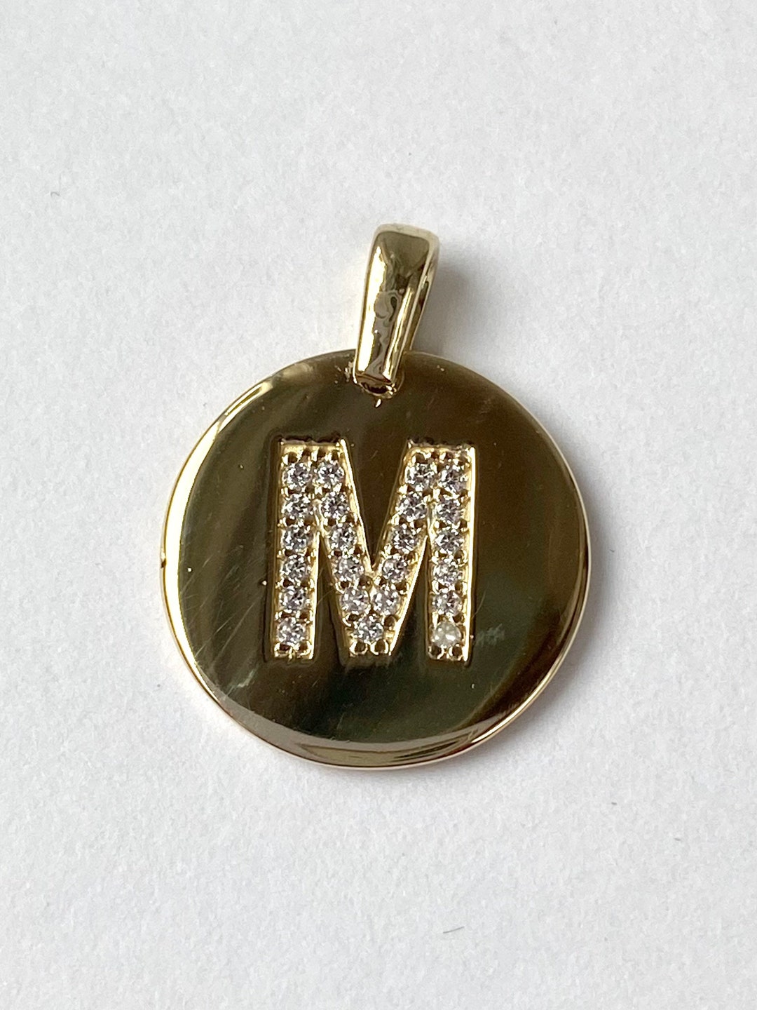 Round M Initial Pendant, Custom Disc Pendant, Cubic Zirconia or Diamond ...