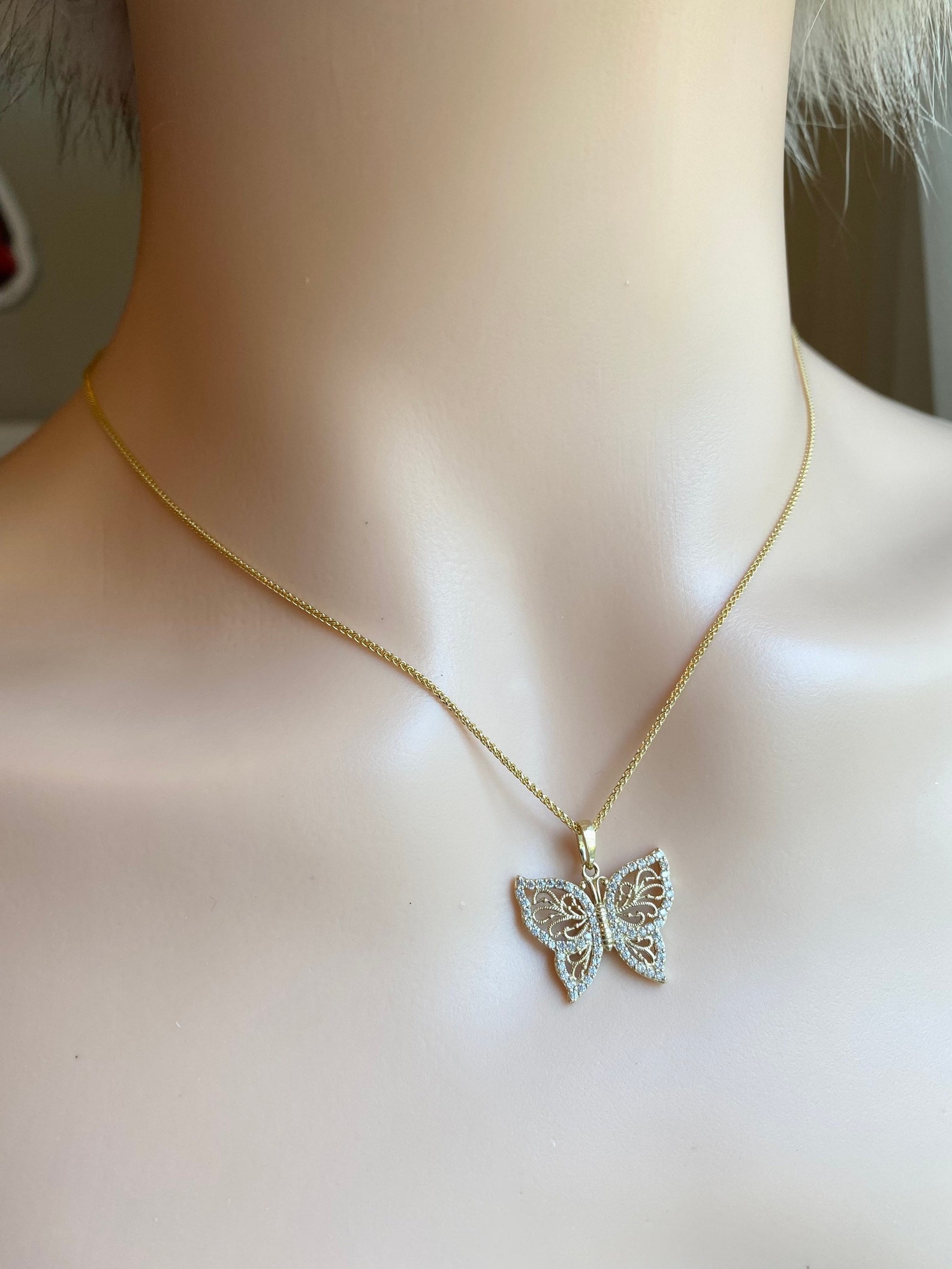Butterfly Necklace Gold, 10K Solid Butterfly Pendant, Cubic Zirconia ...