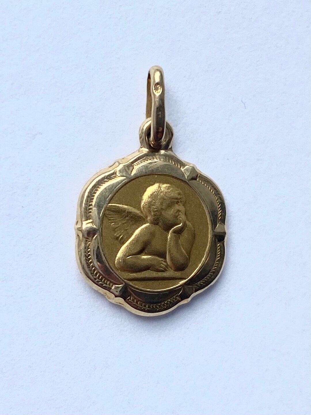 Gold Angel Pendant , 14MM 10K 14K 18K, Round Angel Flower Design, Gold ...