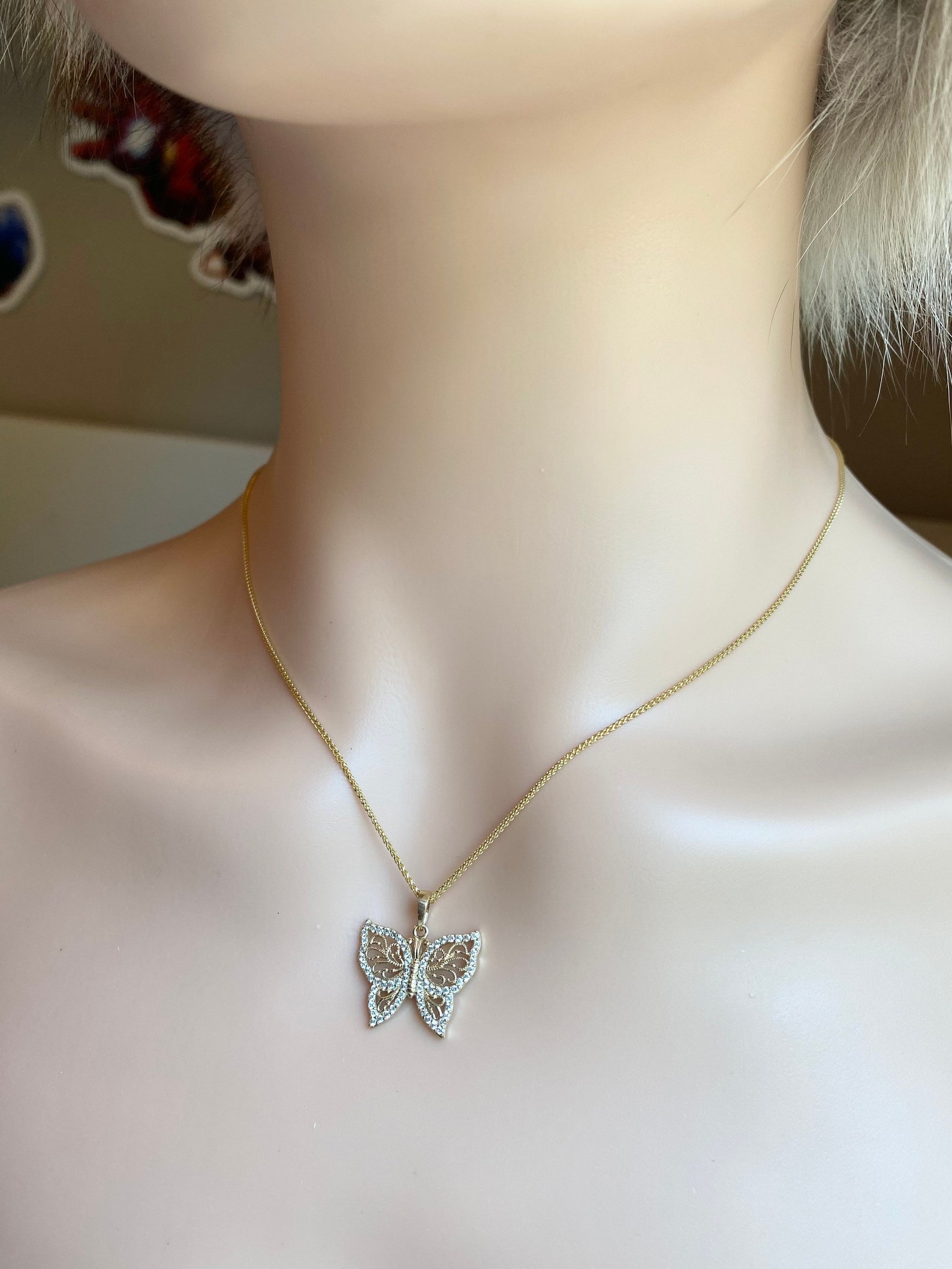 Butterfly Necklace Gold, 10K Solid Butterfly Pendant, Cubic Zirconia ...
