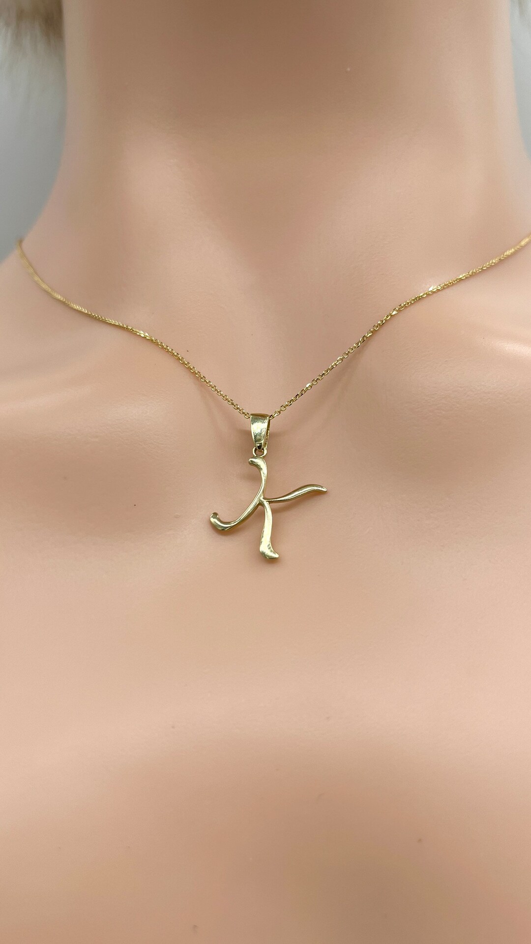 Letter K Gold Necklace, 10K Script Font Pendant, All Letters Available ...