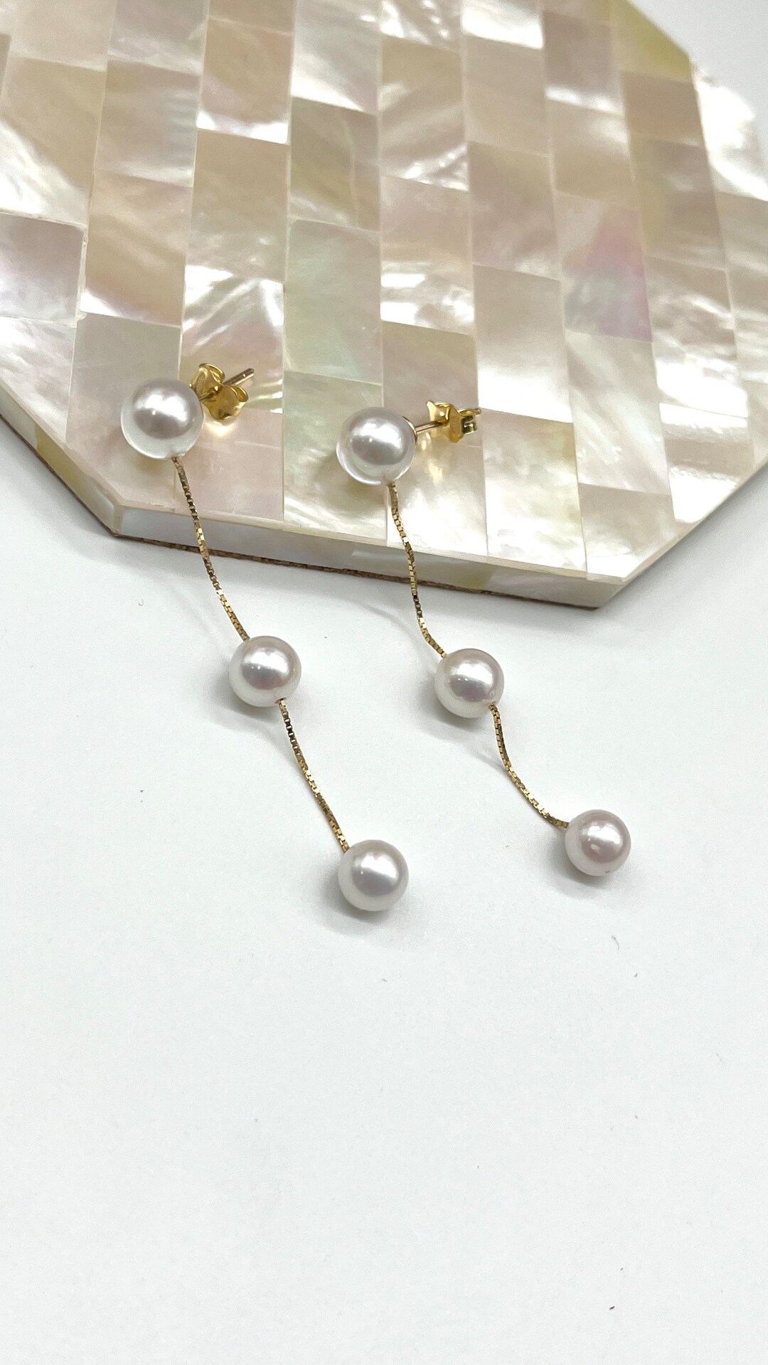 Gold Pearl Long Earrings, 10K 14K 18K Solid Gold Earrings, 3 White ...