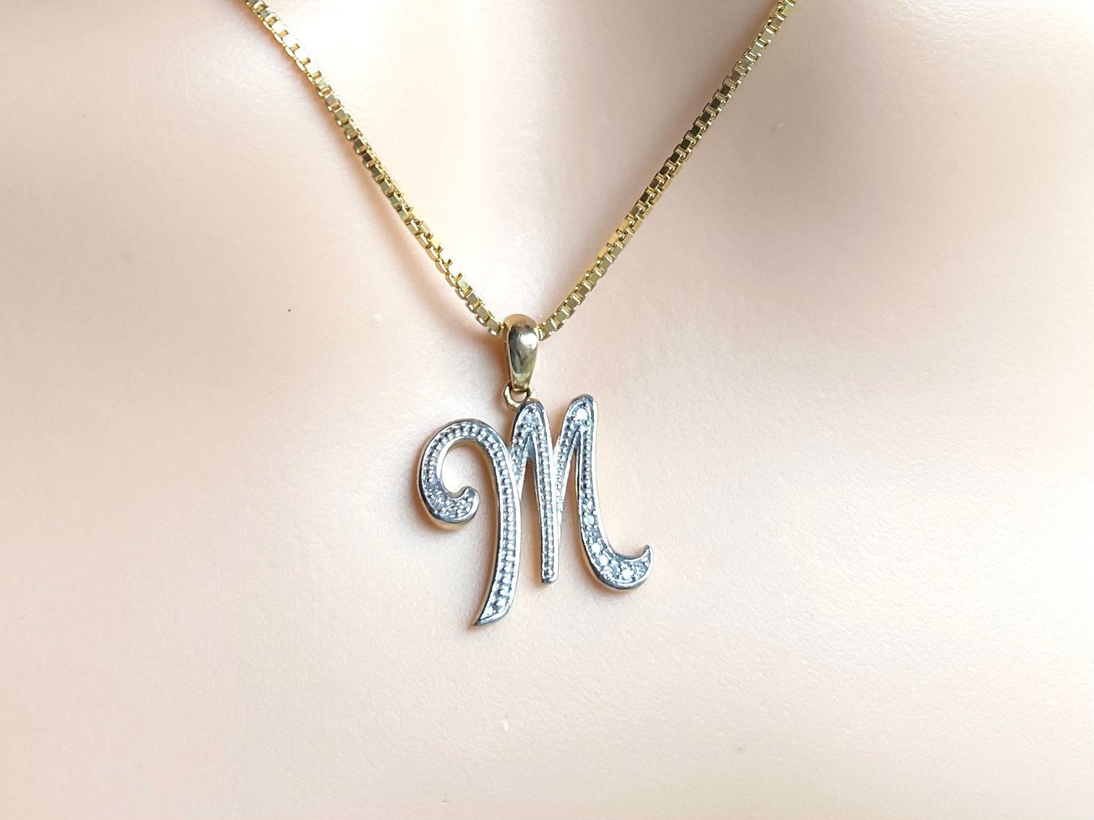 M Initial Pendant 10K Solid Gold Diamond Initial Necklace - Etsy