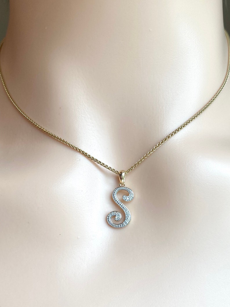 S Initial Pendant, 10K Gold Diamond, Script Initial Necklace ...