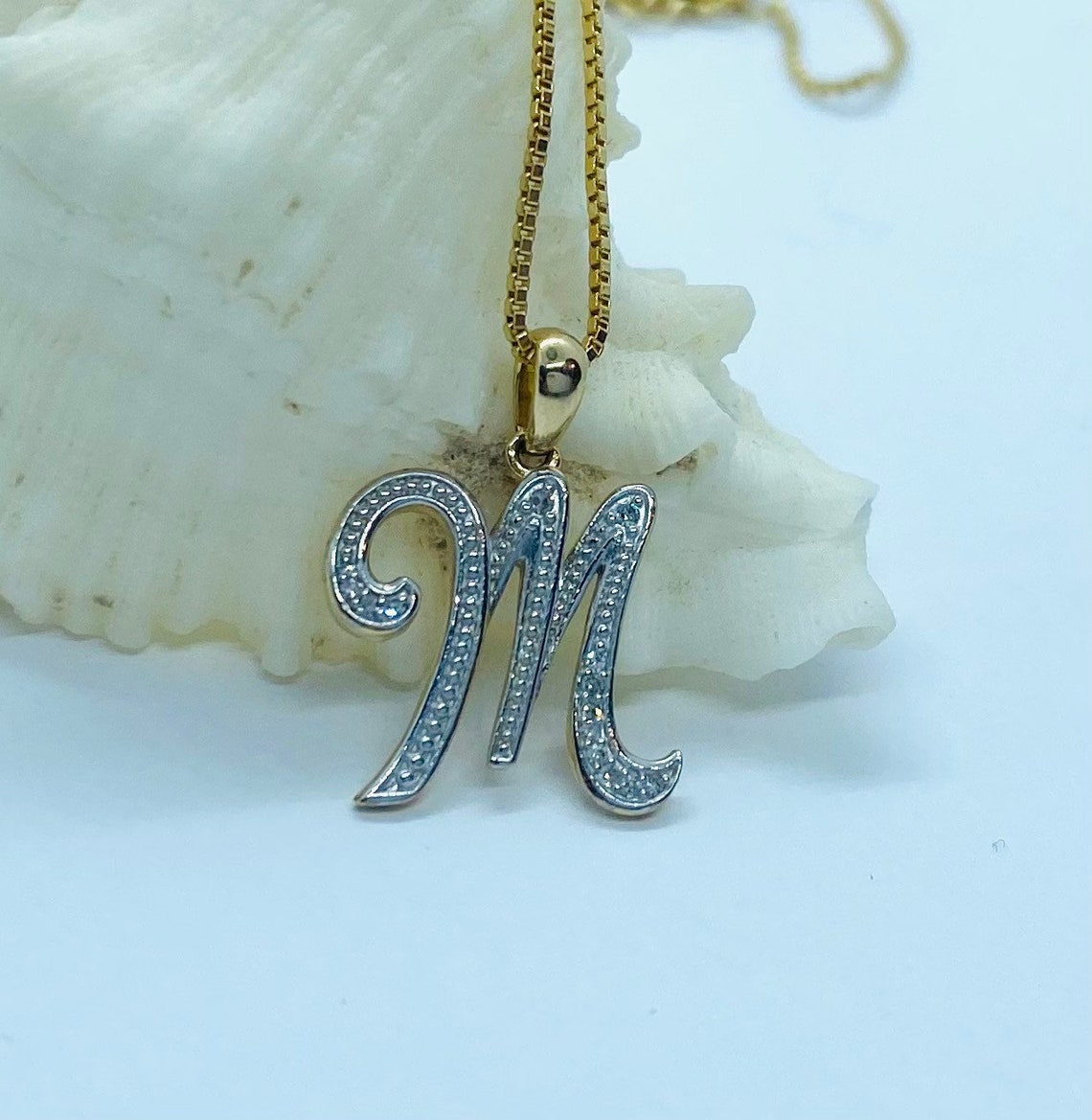 M Initial Pendant 10K Solid Gold Diamond Initial Necklace - Etsy