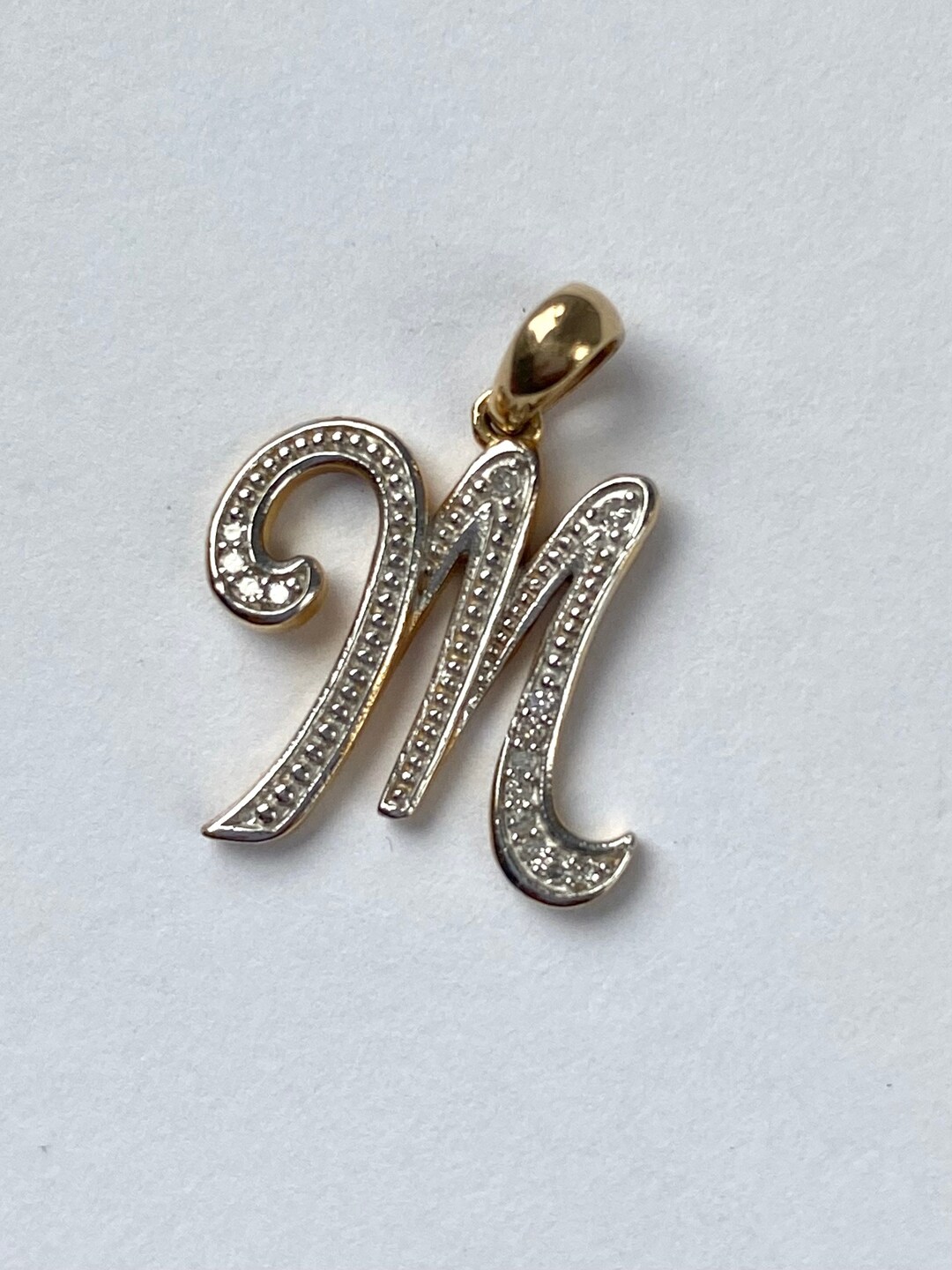 M Initial Pendant, 10K Solid Gold Diamond Initial Necklace, Gold Letter ...