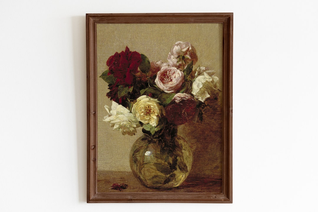 Red Roses Antique Printable Art. Vintage Botanical Oil Painting. Fall ...