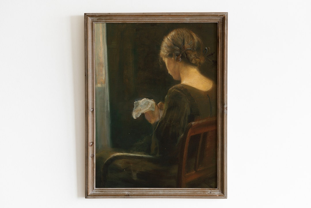 Vintage Woman Sewing Portrait: Antique Domestic Scene Painting (digital ...