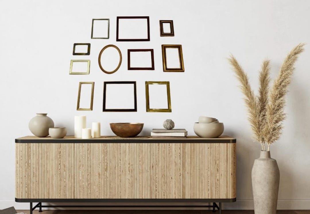 Curated Frame Set of 11 - Gallery Wall - Wood and Gold Frame Set - Vintage Picture Frames - Mid ...