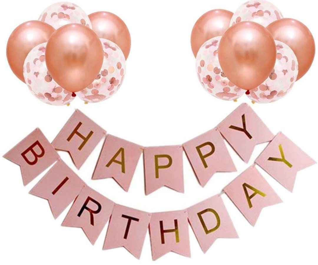 Pink and Gold Happy Birthday Banner, Rose Gold Balloons Bunting ...
