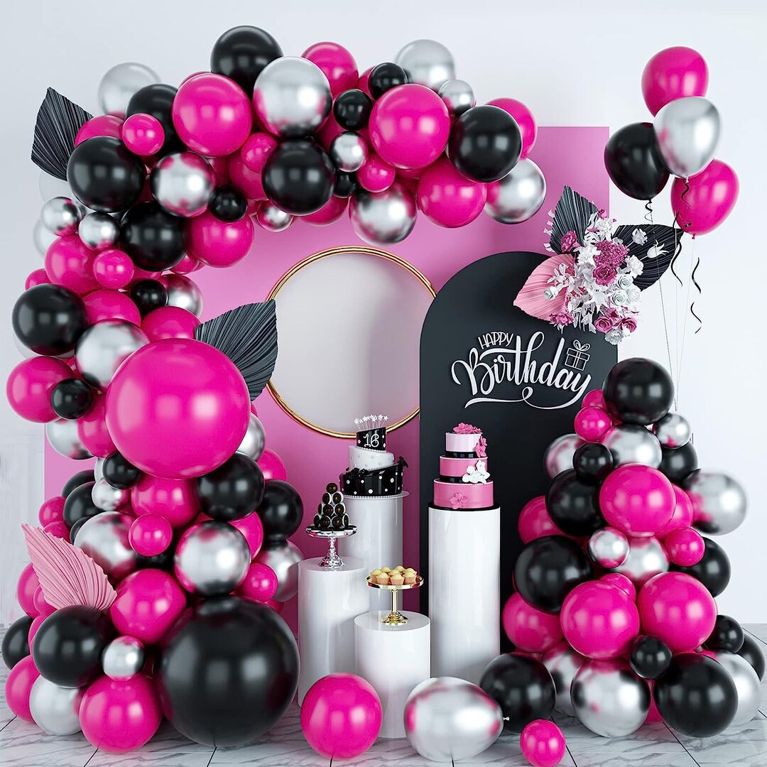 Rose Pink and Black Balloon Garland Arch for Baby Showers, Silver ...