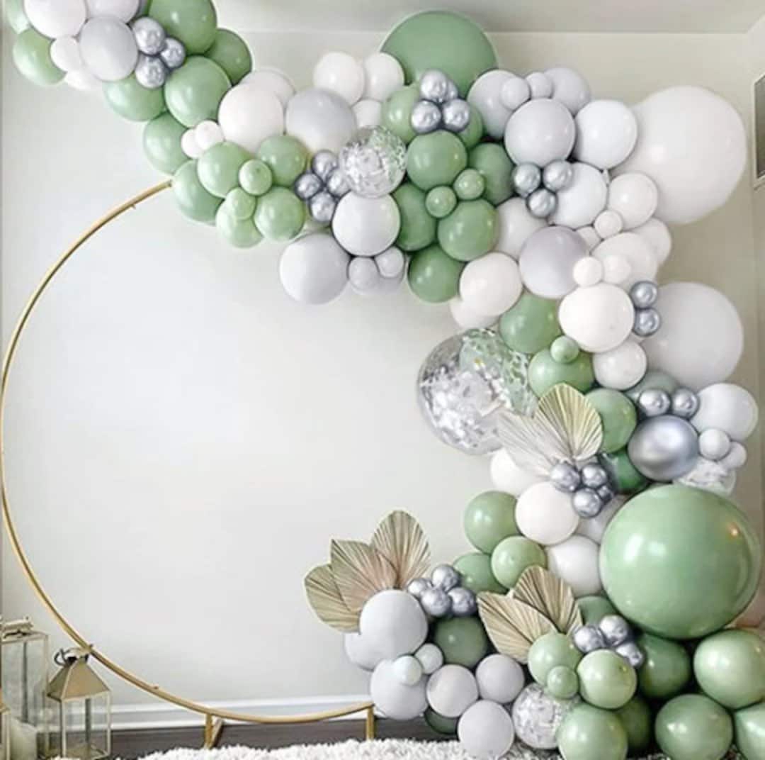 Premium Sage Green, Confetti, and Silver Balloon Arch With Giant ...