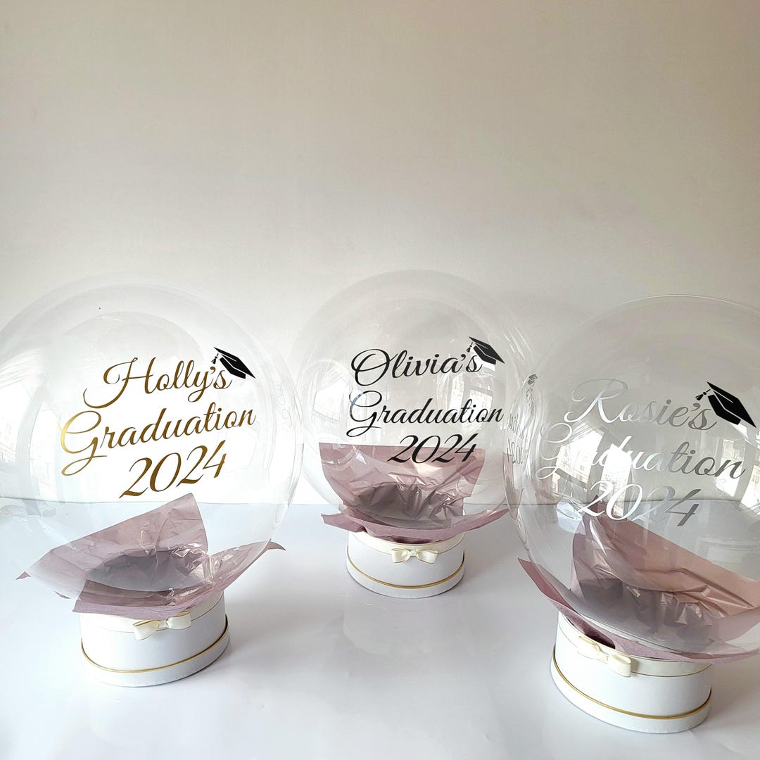 24 Personalised Clear Orb Graduation Balloon, Gold Vinyl Name Sticker ...