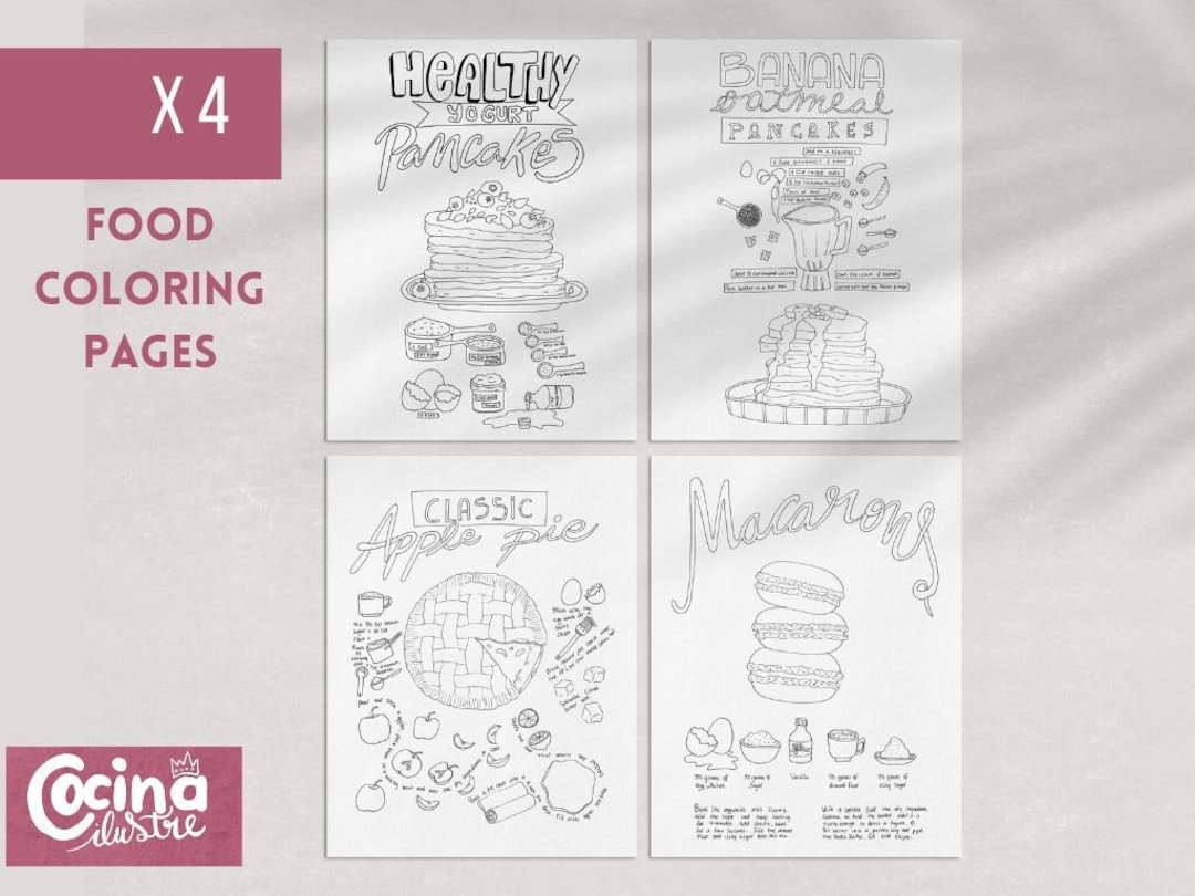 4 Recipe Coloring Pages, Food Adult Coloring Sheets, Easy Original and ...