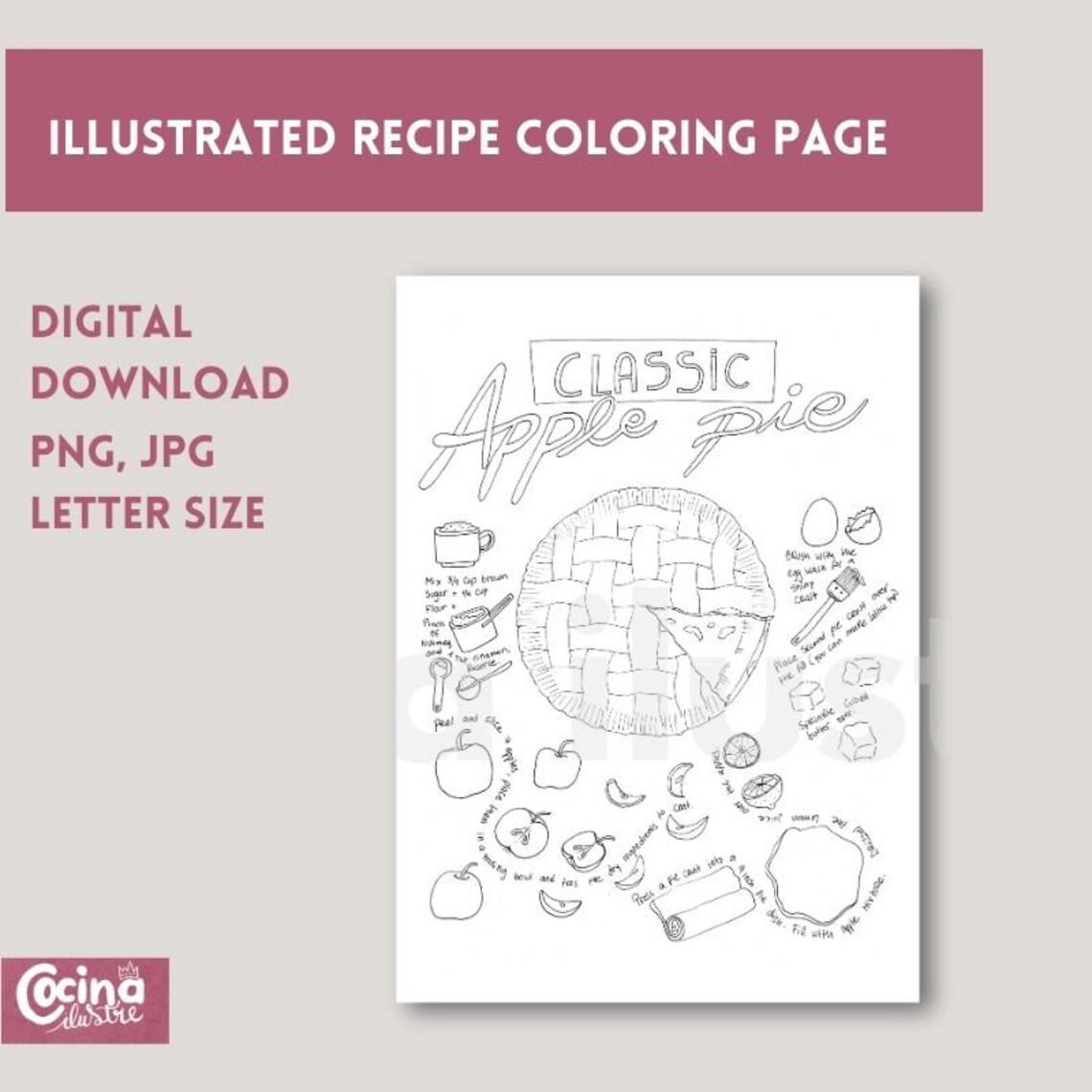 Apple Pie Coloring Page, Single Coloring Page, Food Illustration, Food ...