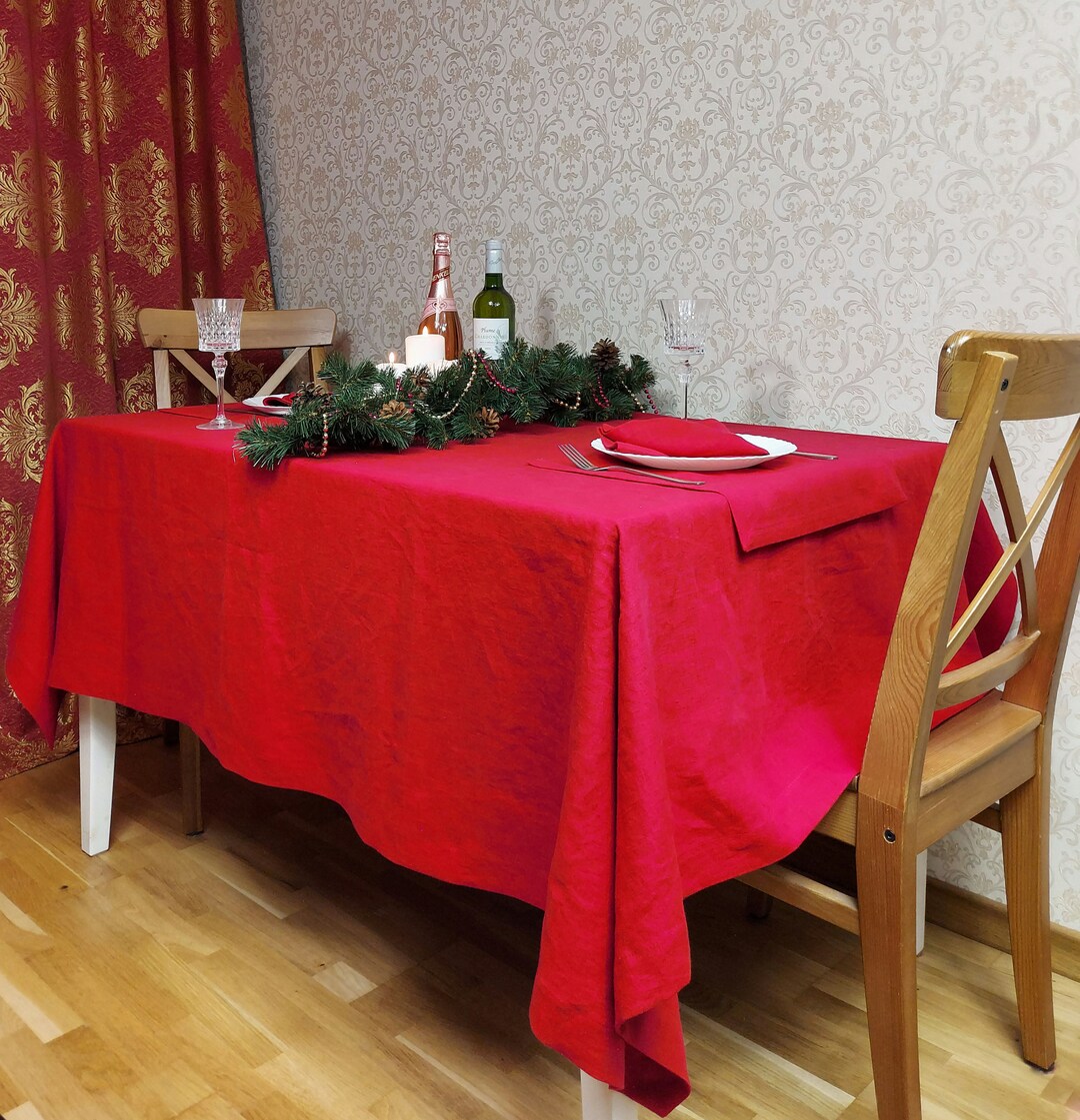 Stonewashed Linen Tablecloth, Heavy Linen, Christmas Tablecloth, Red ...