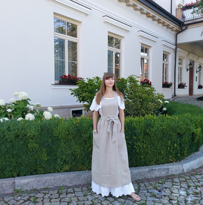Linen Long Apron, Cottagecore Apron, Linen Pinafore Apron, 2 Pockets ...