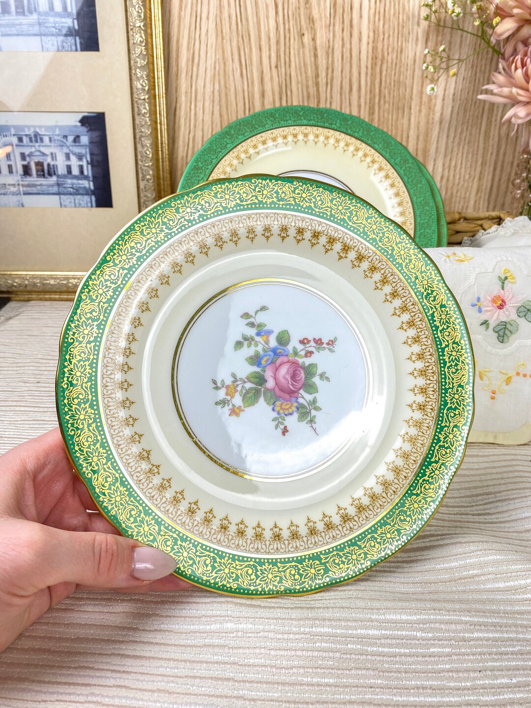 Aynsley Green and Gold Floral Plates 8" Set of 8 Bone China England - Etsy