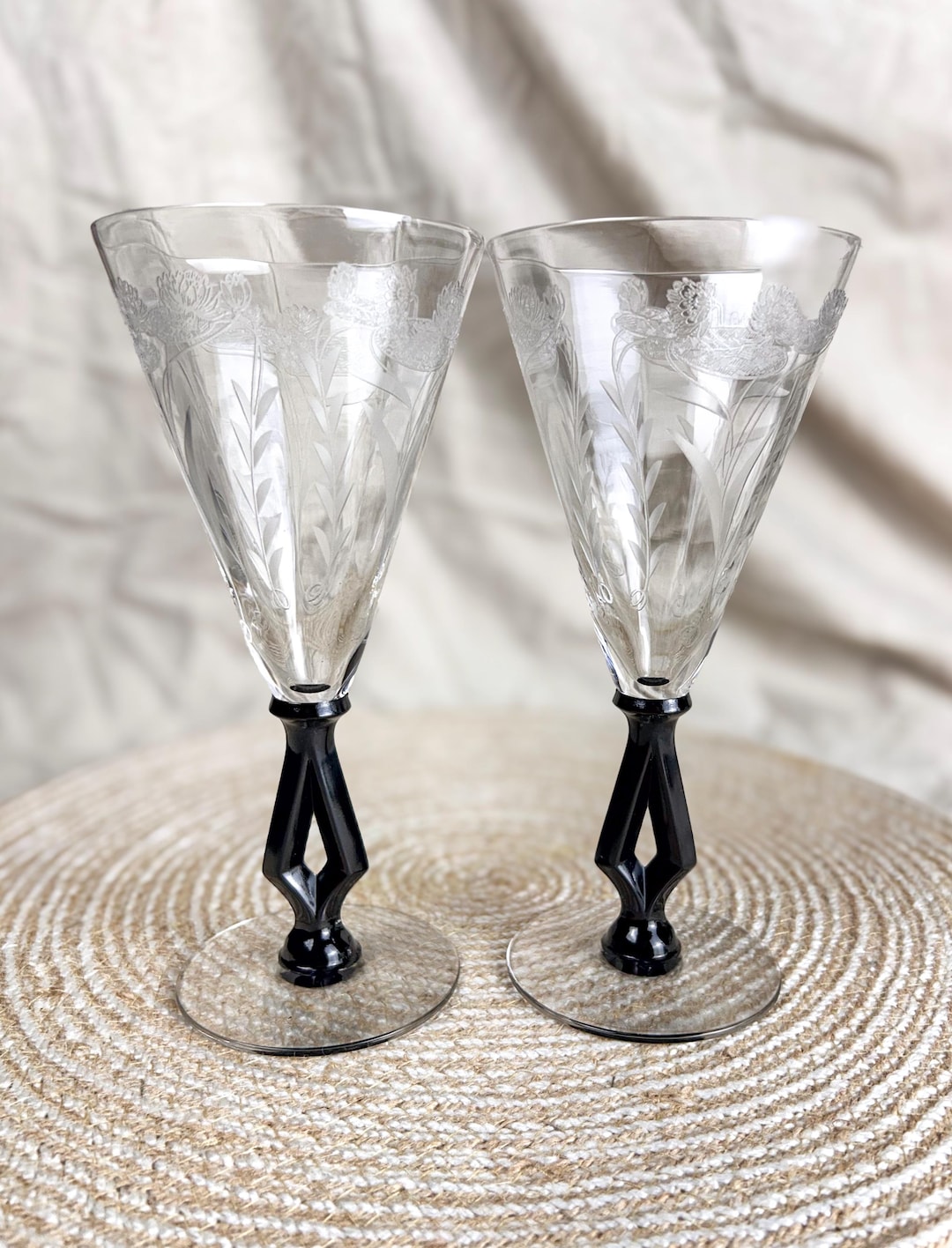 Morgantown Glass Etched Wine Glasses Black Stem Pair Vintage - Etsy