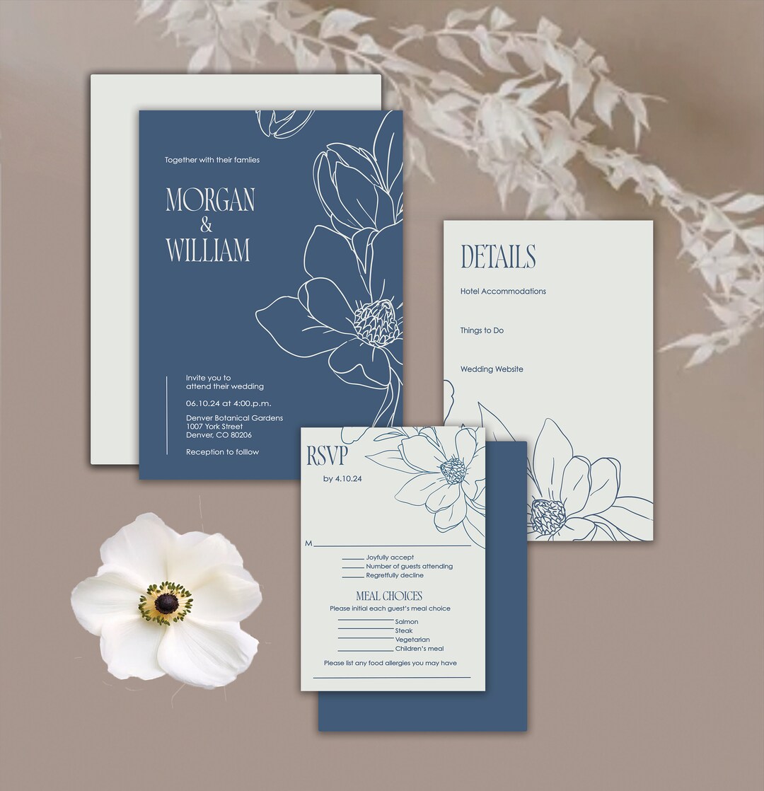 Simple Blue Floral Wedding Invitation Suite Blue Floral Wedding ...