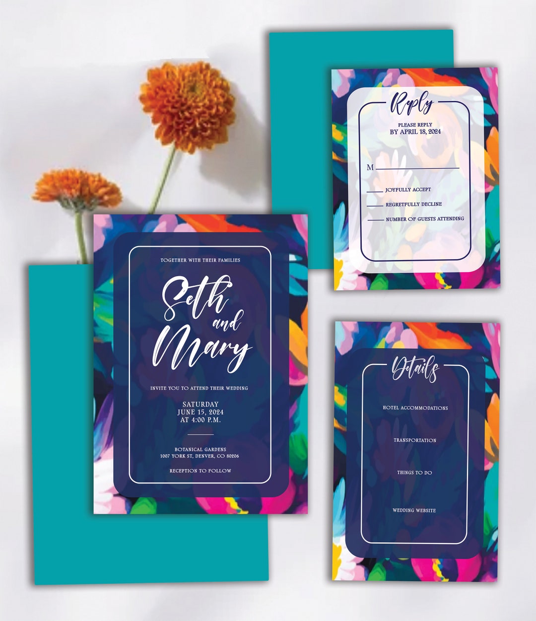 Bright Floral Invitation Suite Navy Floral Invitation Suite Floral ...