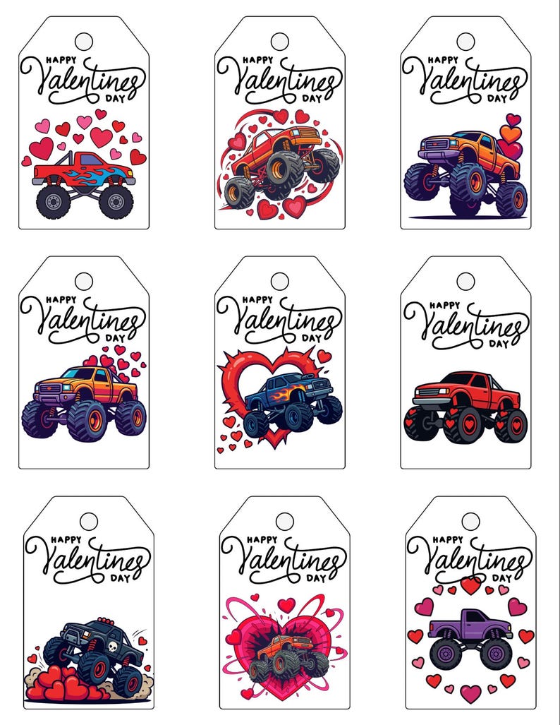 Monster Truck Valentine Gift Tags for Boys – Truck & Heart Printable ...