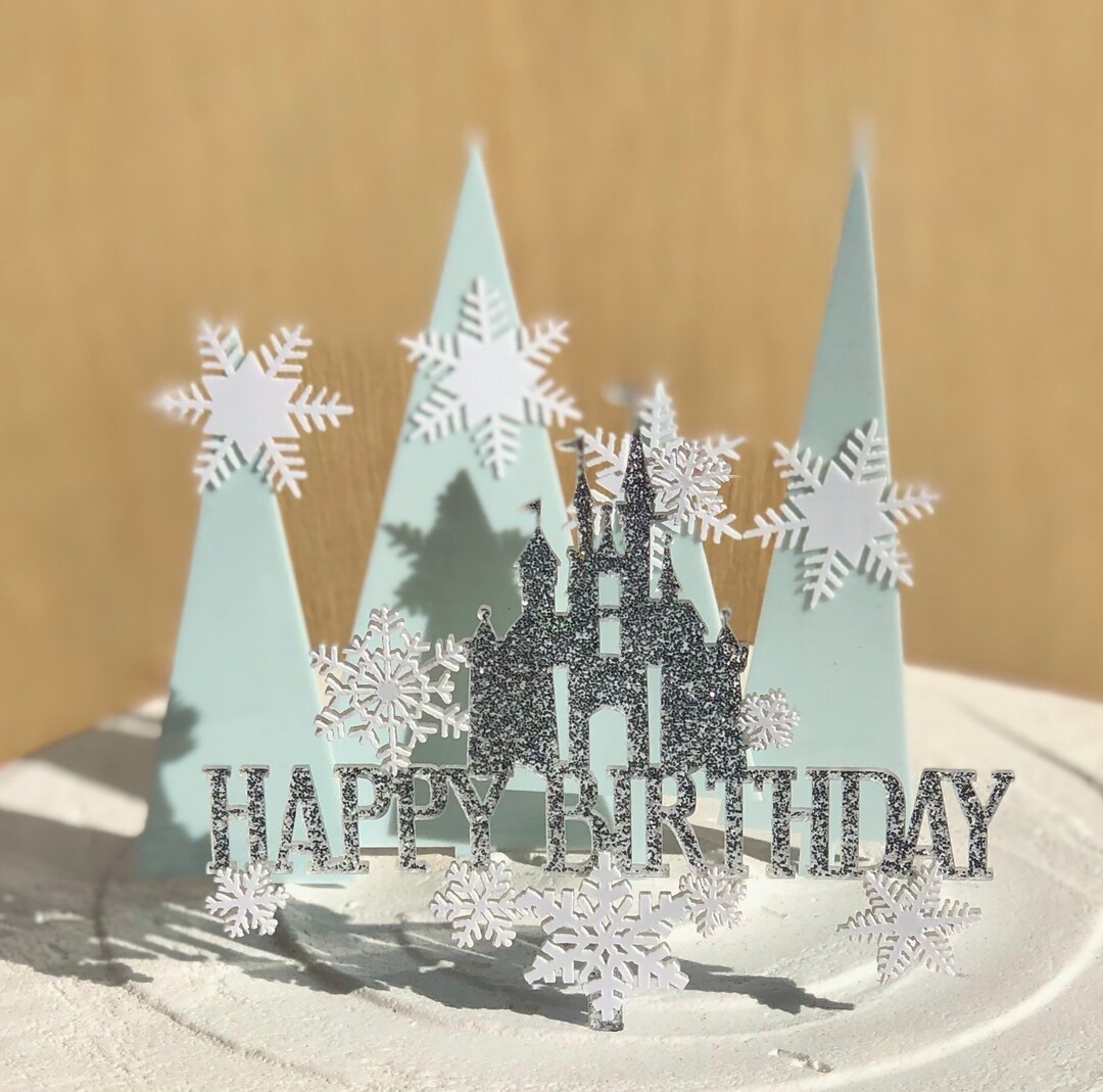 Elsa Style Snow Flake Tree and Castle Happy Birthday Cake Topper - Etsy