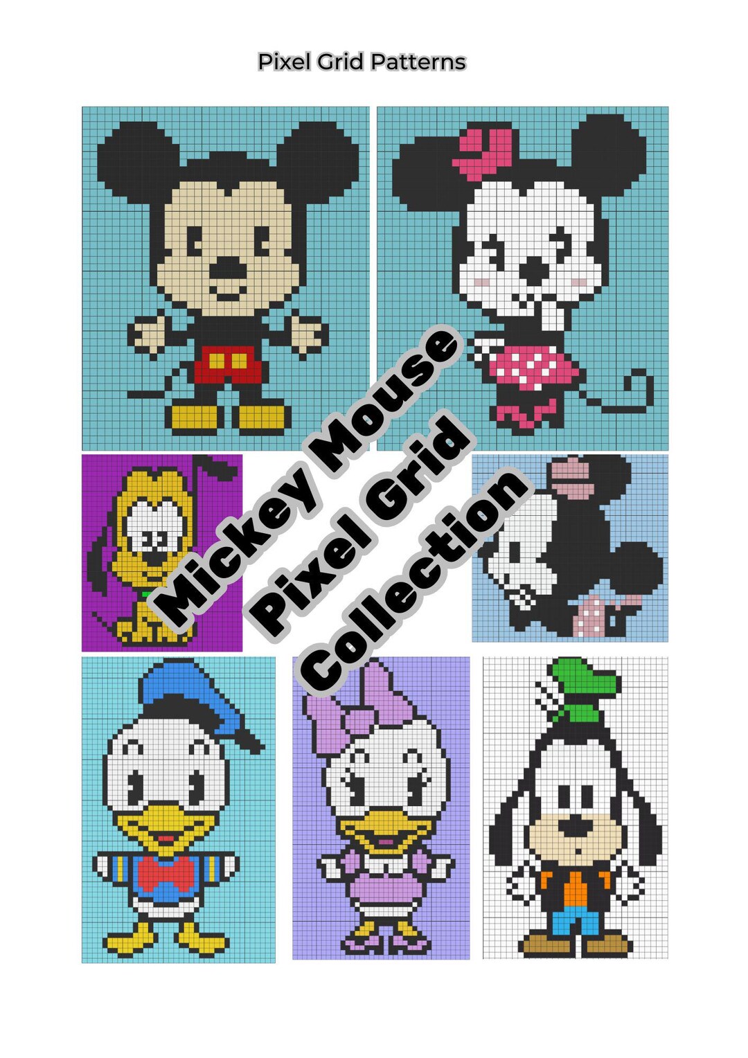 Mickey's Gang Pixel Grid Collection Chart Pattern Crochet Colorwork ...