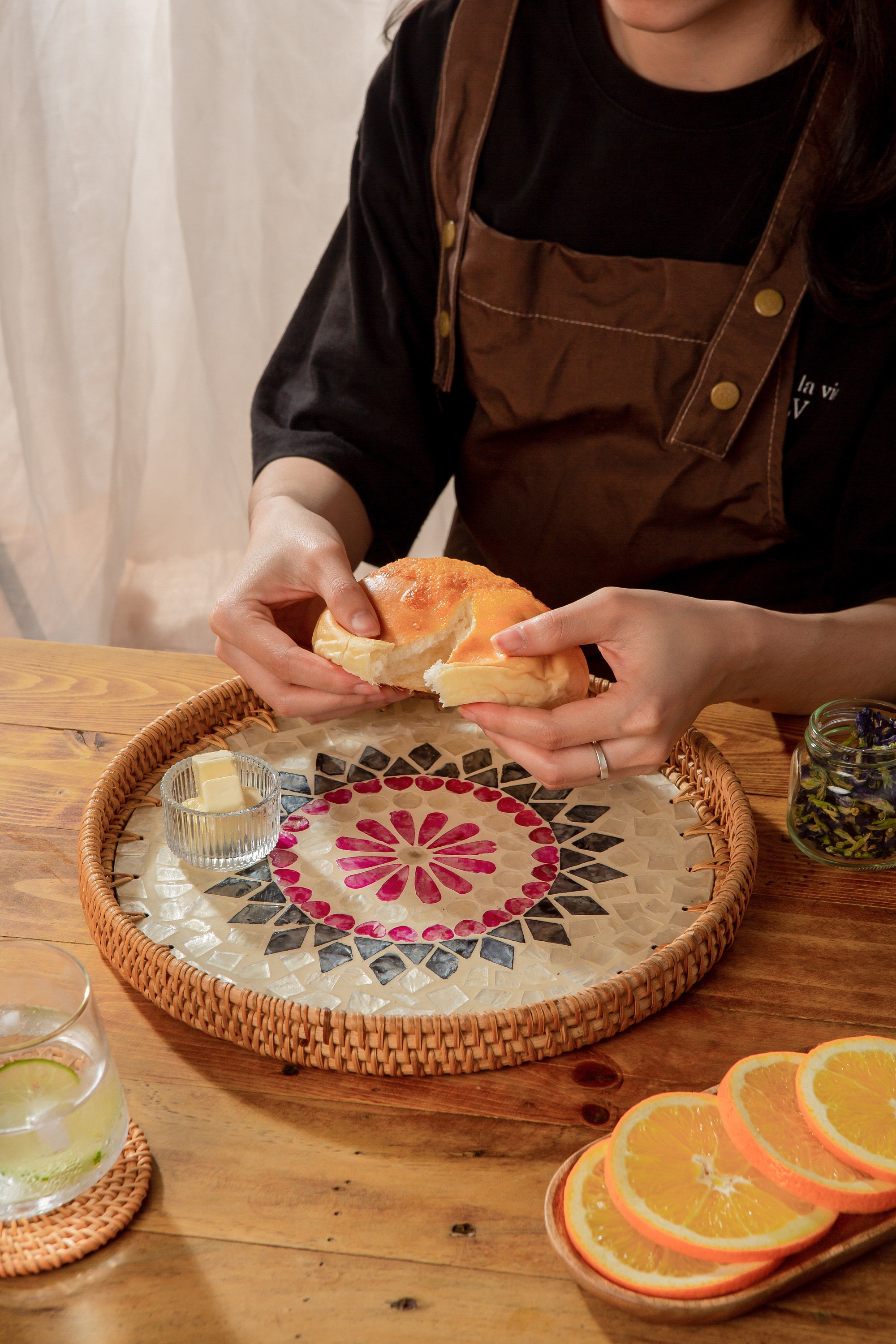 Round Rattan Serving Tray With Mother of Pearl Inlay | Hand Woven ...