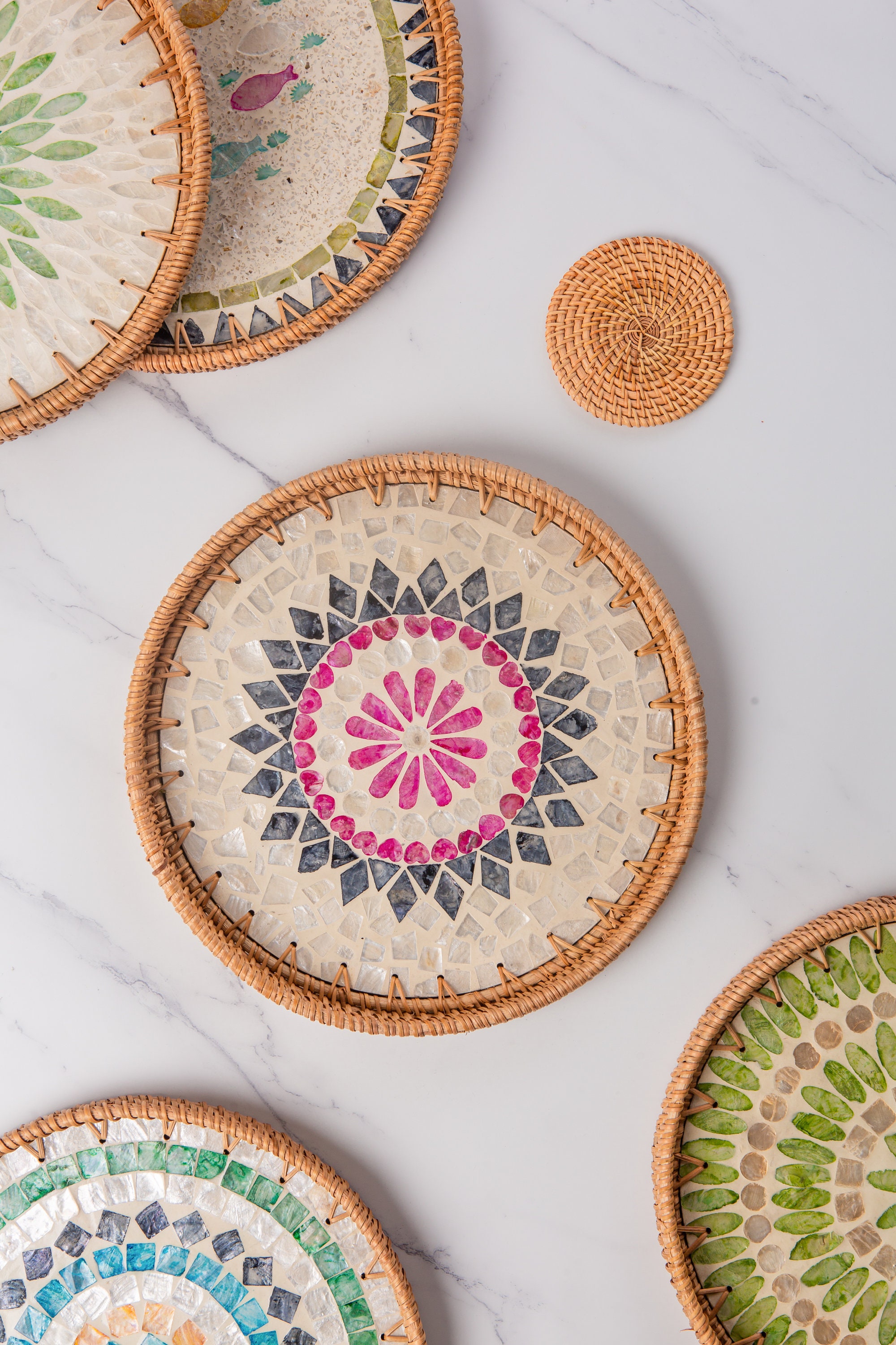 Round Rattan Serving Tray With Mother of Pearl Inlay | Hand Woven ...