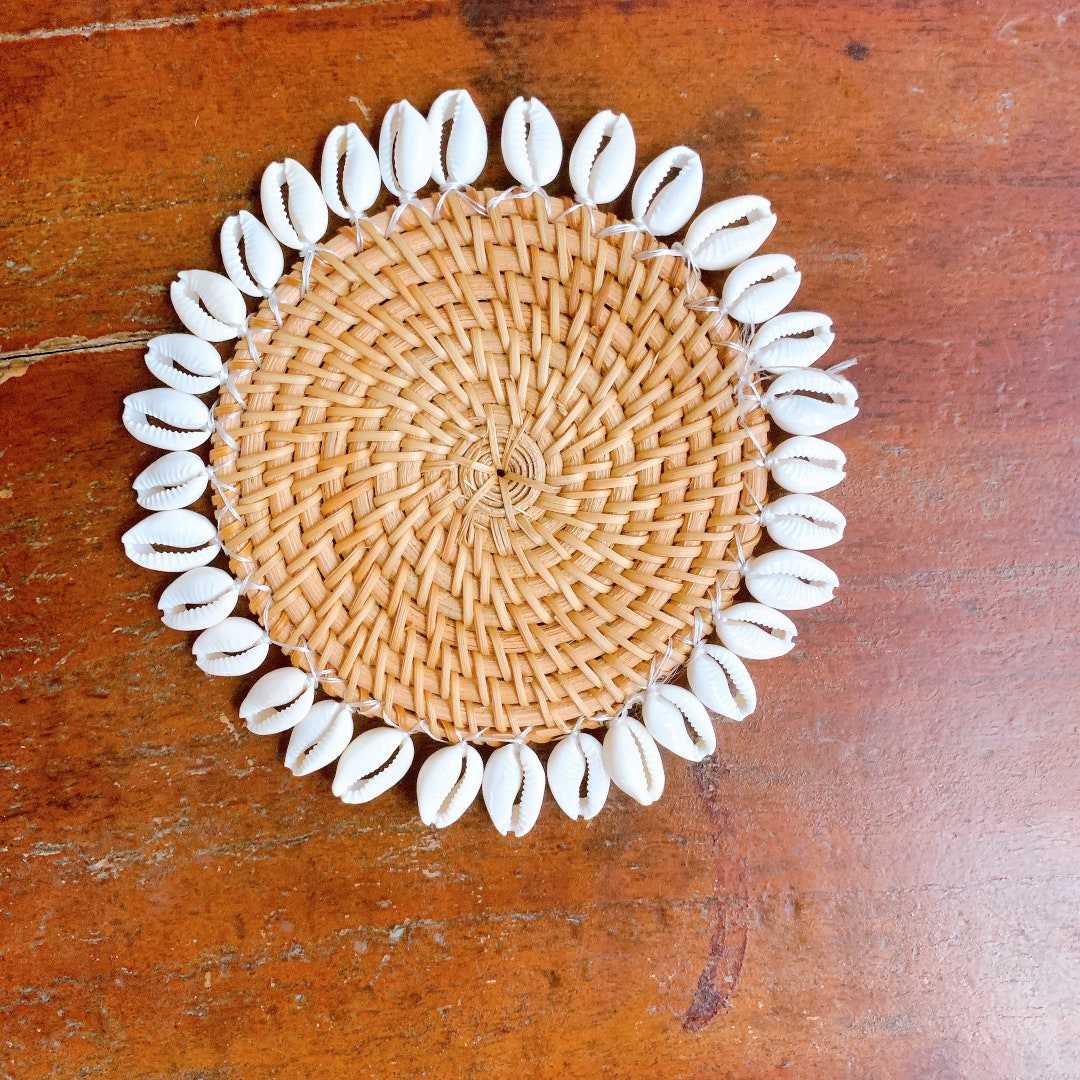 Handmade Woven Rattan Coasters With Shells, Wicker Coasters, Natural ...