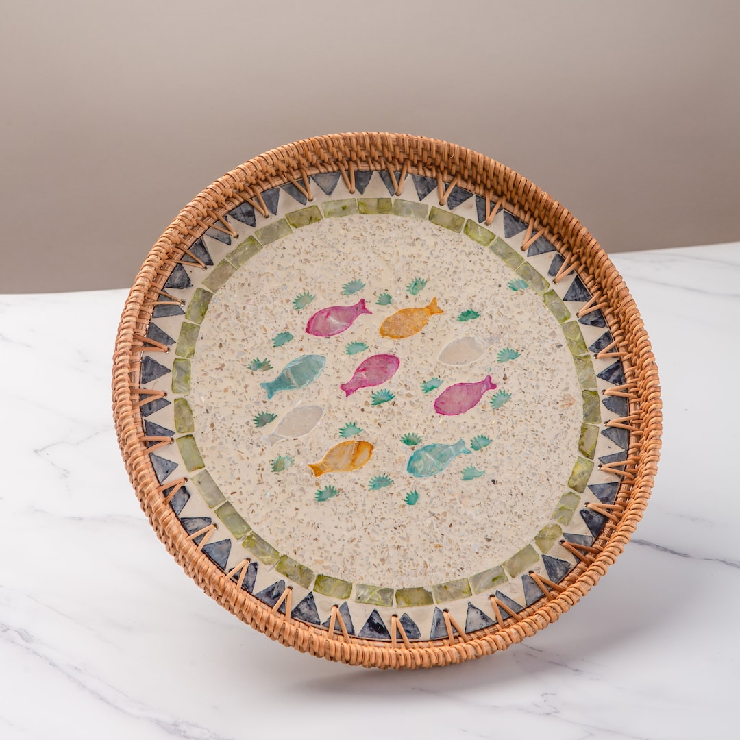 Round Rattan Serving Tray With Mother of Pearl Inlay Hand Woven Mosaic ...
