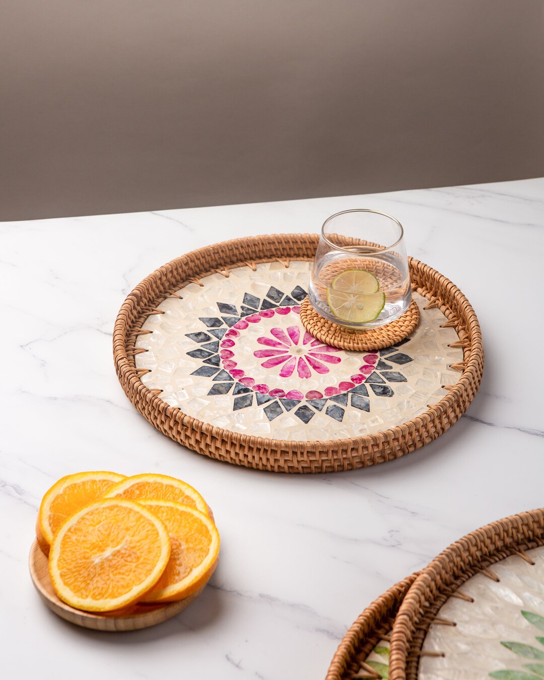 Round Rattan Serving Tray With Mother of Pearl Inlay | Hand Woven ...