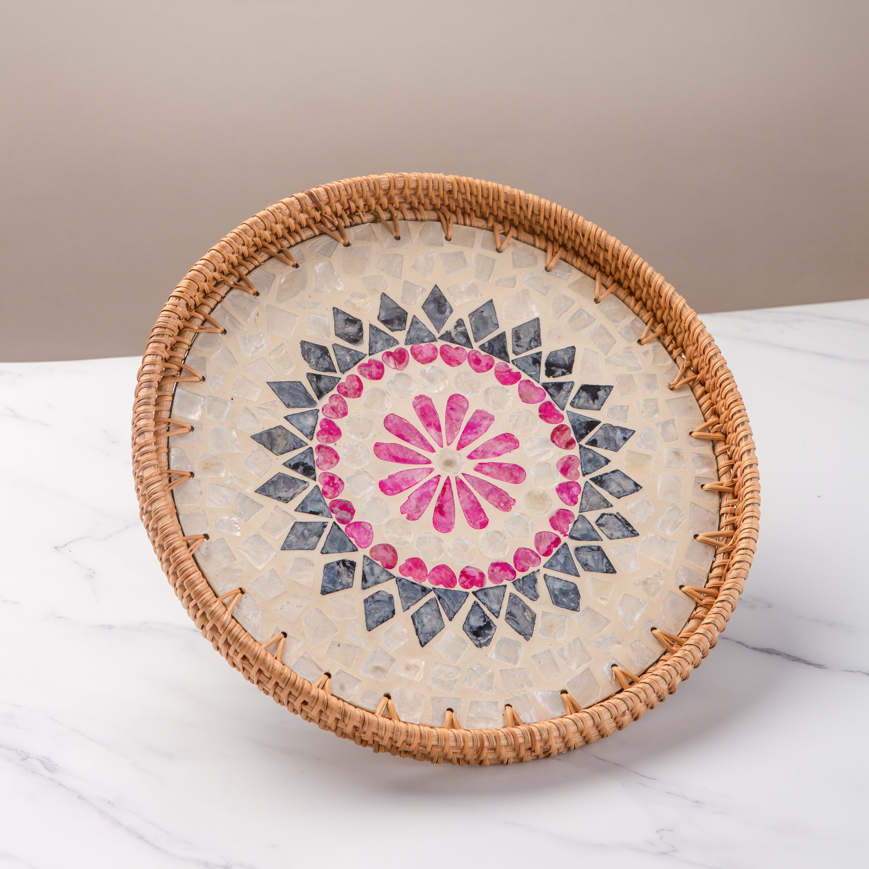 Round Rattan Serving Tray With Mother of Pearl Inlay | Hand Woven ...