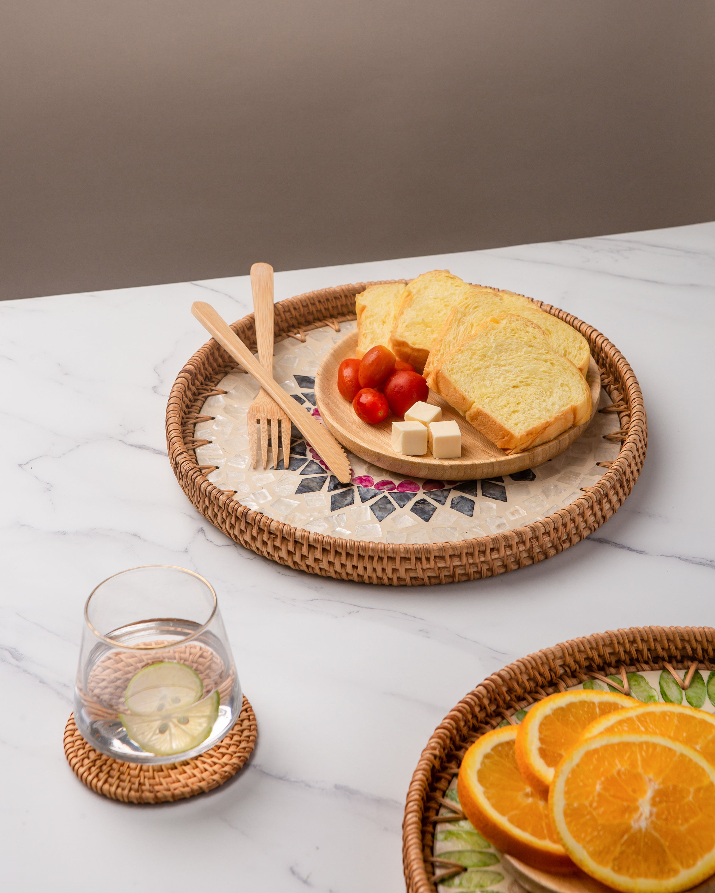 Round Rattan Serving Tray With Mother of Pearl Inlay Hand Woven Mosaic ...