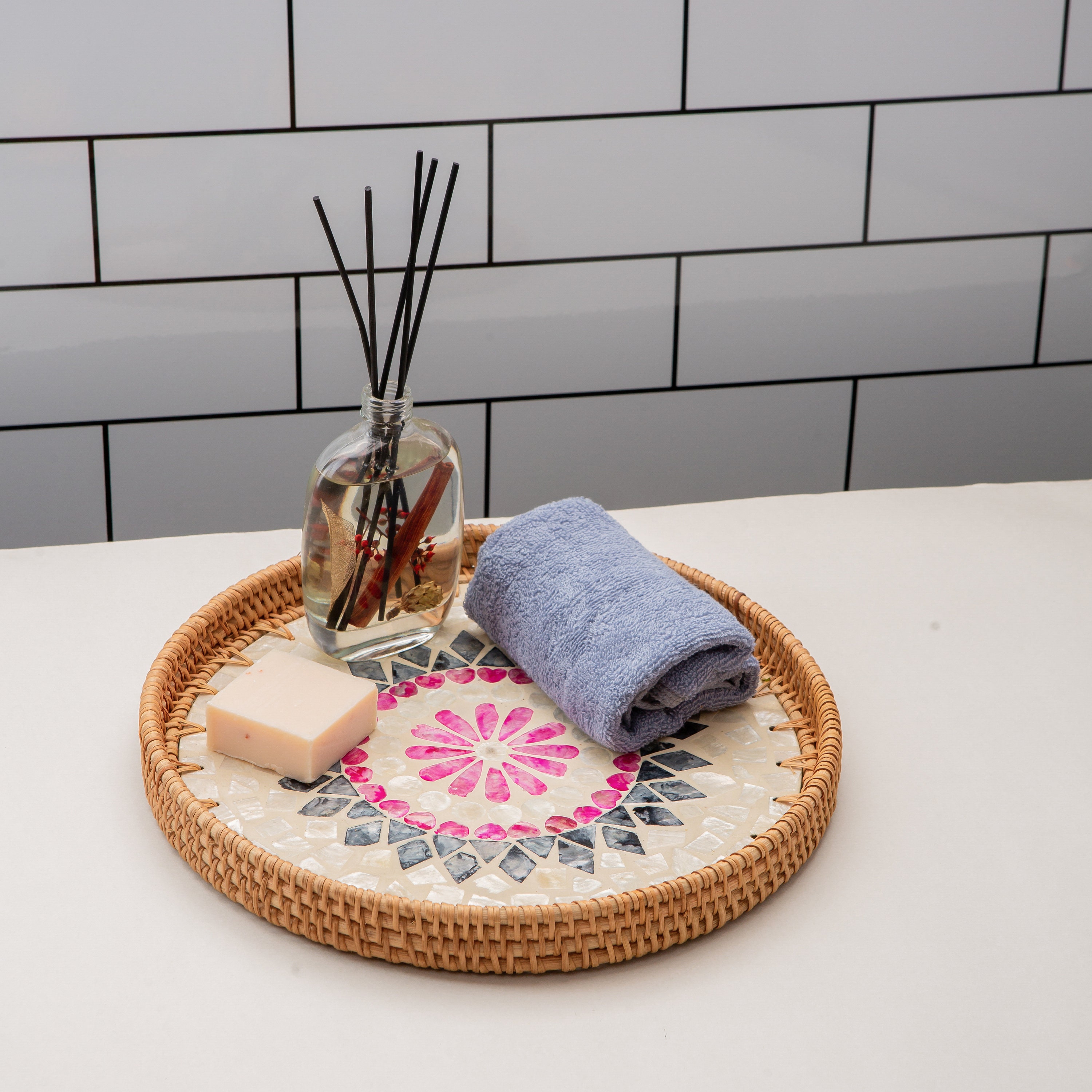 Round Rattan Serving Tray With Mother of Pearl Inlay Hand Woven Mosaic ...