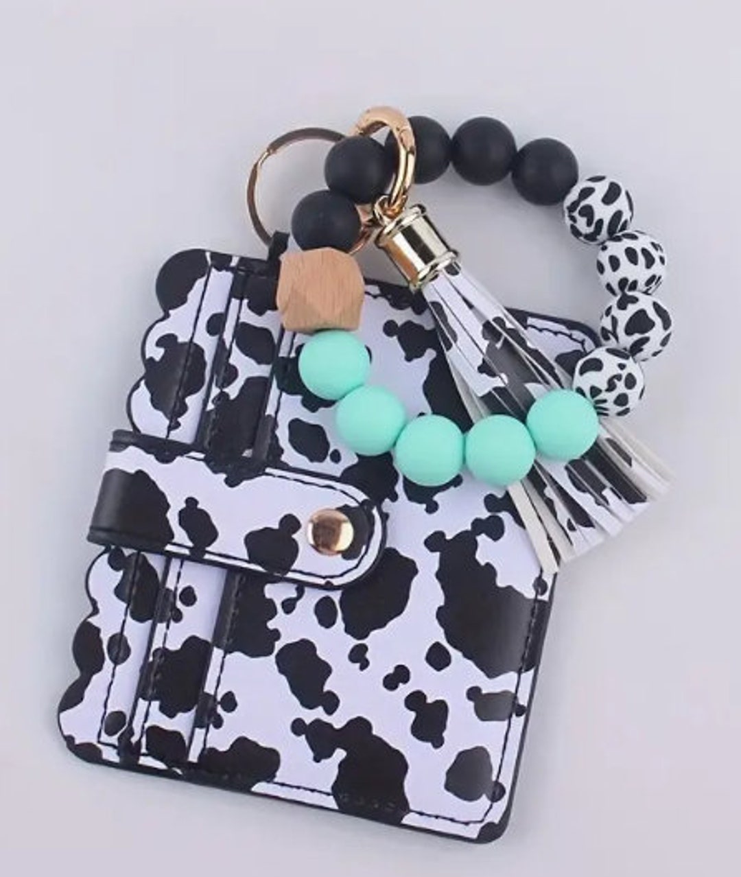Cow Print Beaded Wristlet Keychain Cow Print Silicone Bead Bangle ...