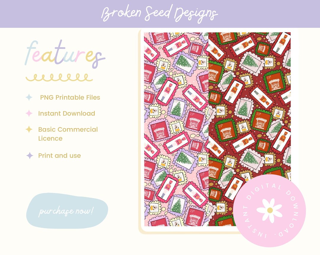 Christmas Postage Stamp Patterns Bundle | Red + Pink Seamless Digital ...