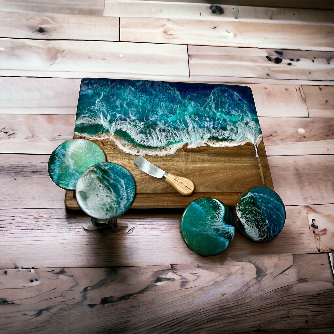 Personalized Ocean Design Cutting Board Set With Coaster & Knife ...