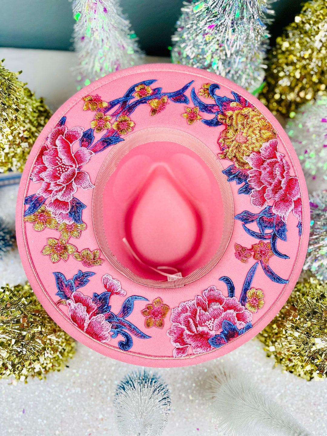 Floral Embroidered Wide Brim Pink Hat - Etsy